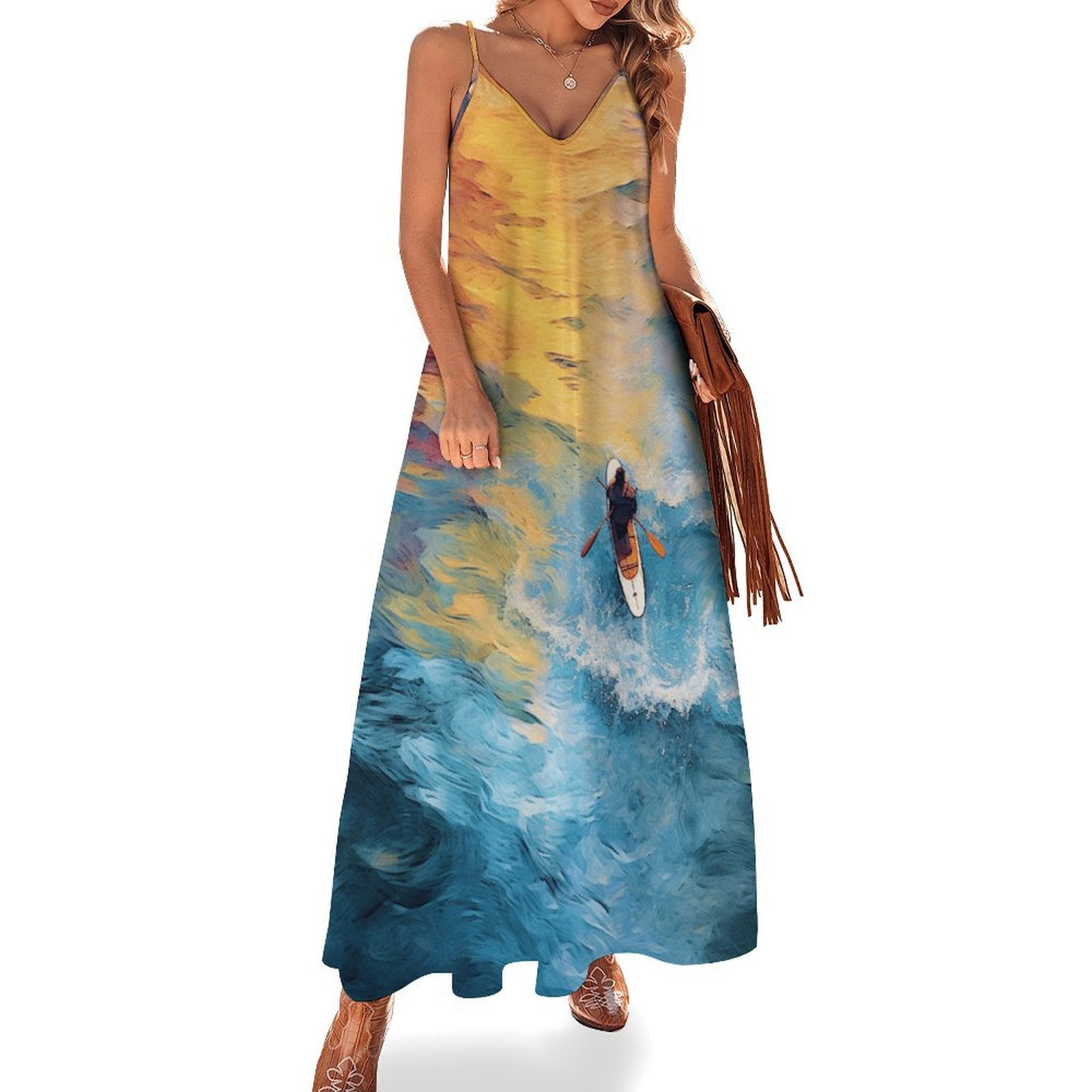 Colorful Kayaks Glide Across The Lake Sleeveless Dress Woman Fashion ...