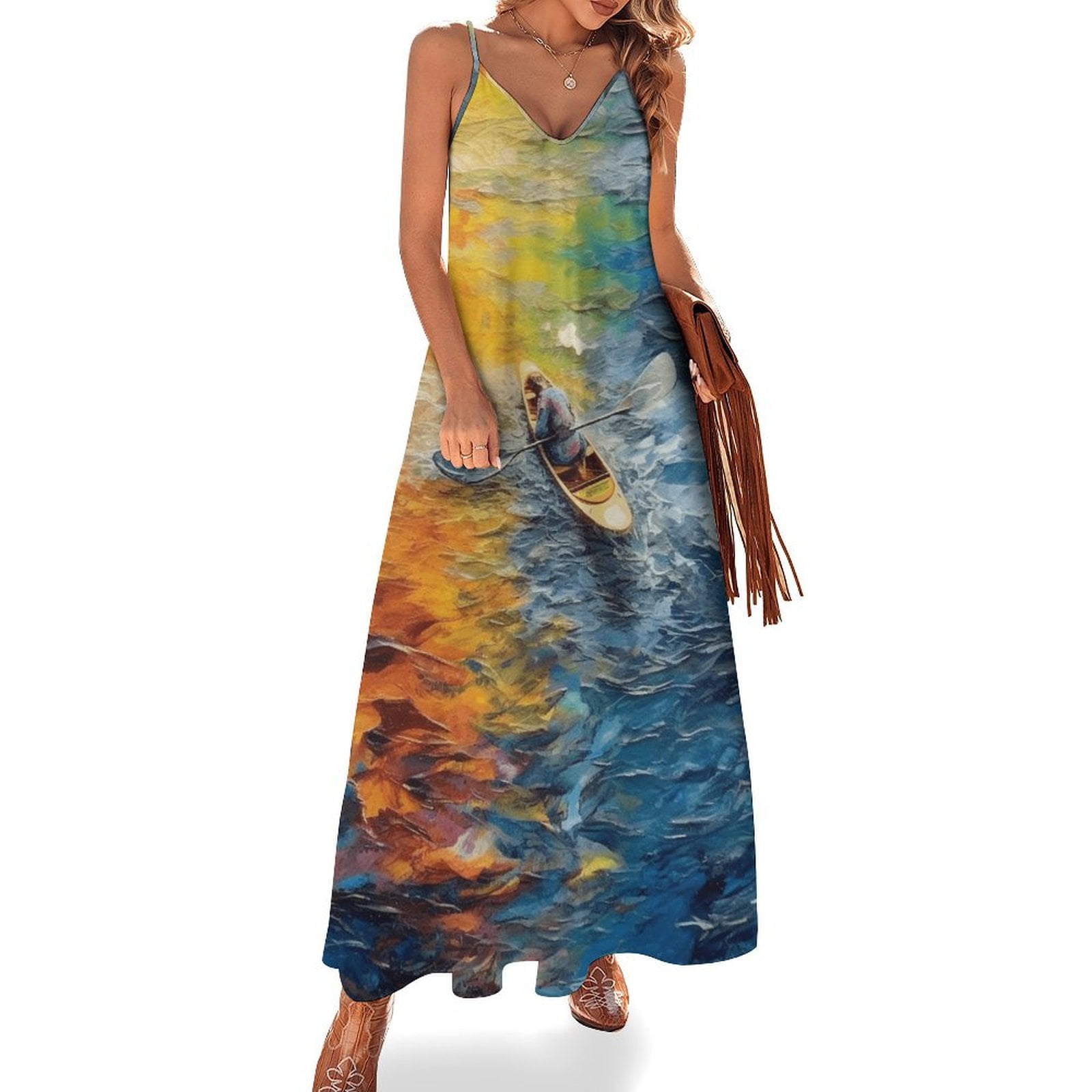 Colorful Kayaks Glide Across The Lake Sleeveless Dress Woman Fashion ...