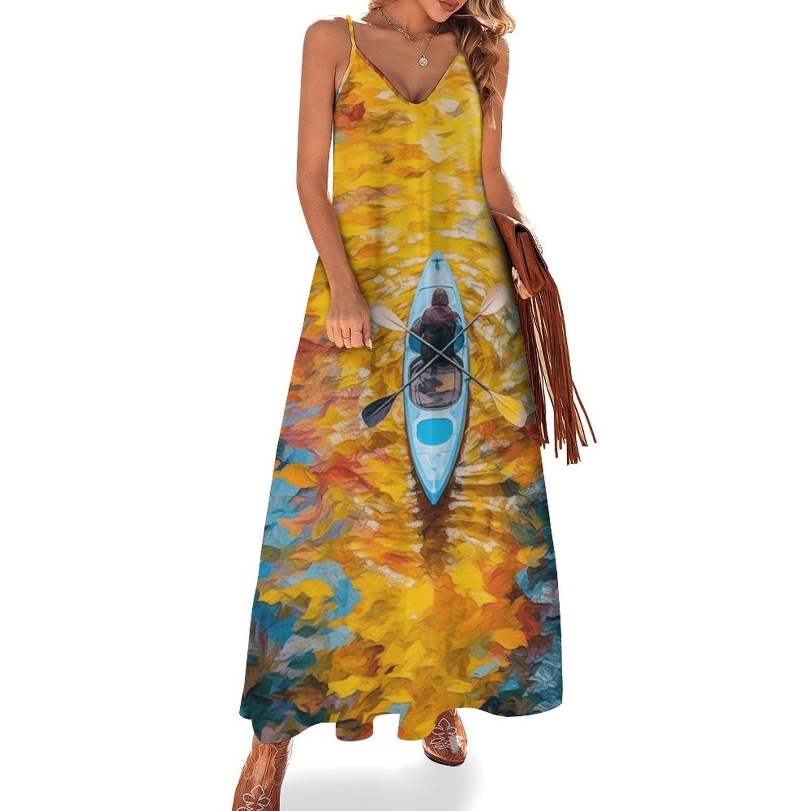 Colorful Kayaks Glide Across The Lake Sleeveless Dress Women's Luxury ...