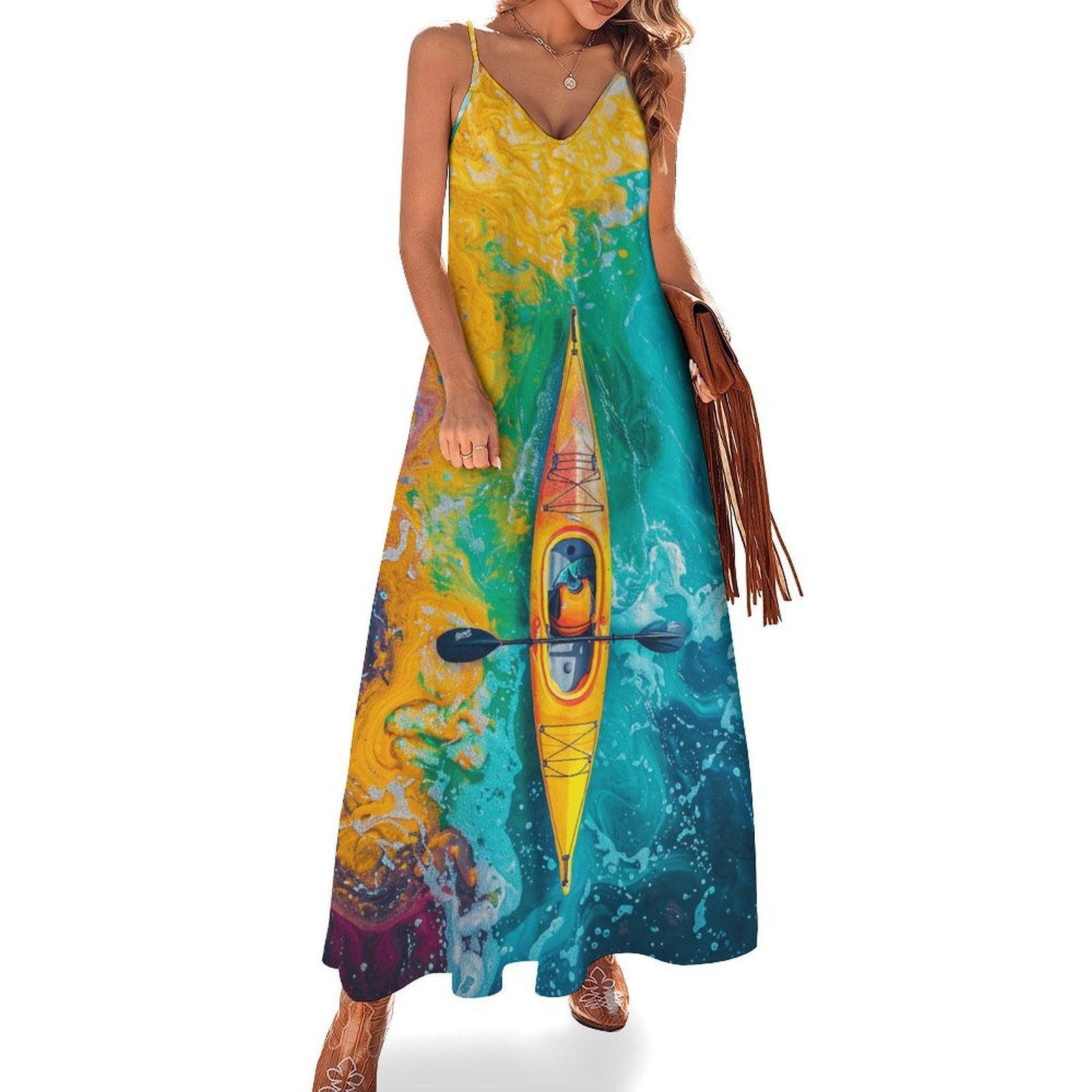 Colorful Kayaks Glide Across The Lake Sleeveless Dress Women's Luxury ...