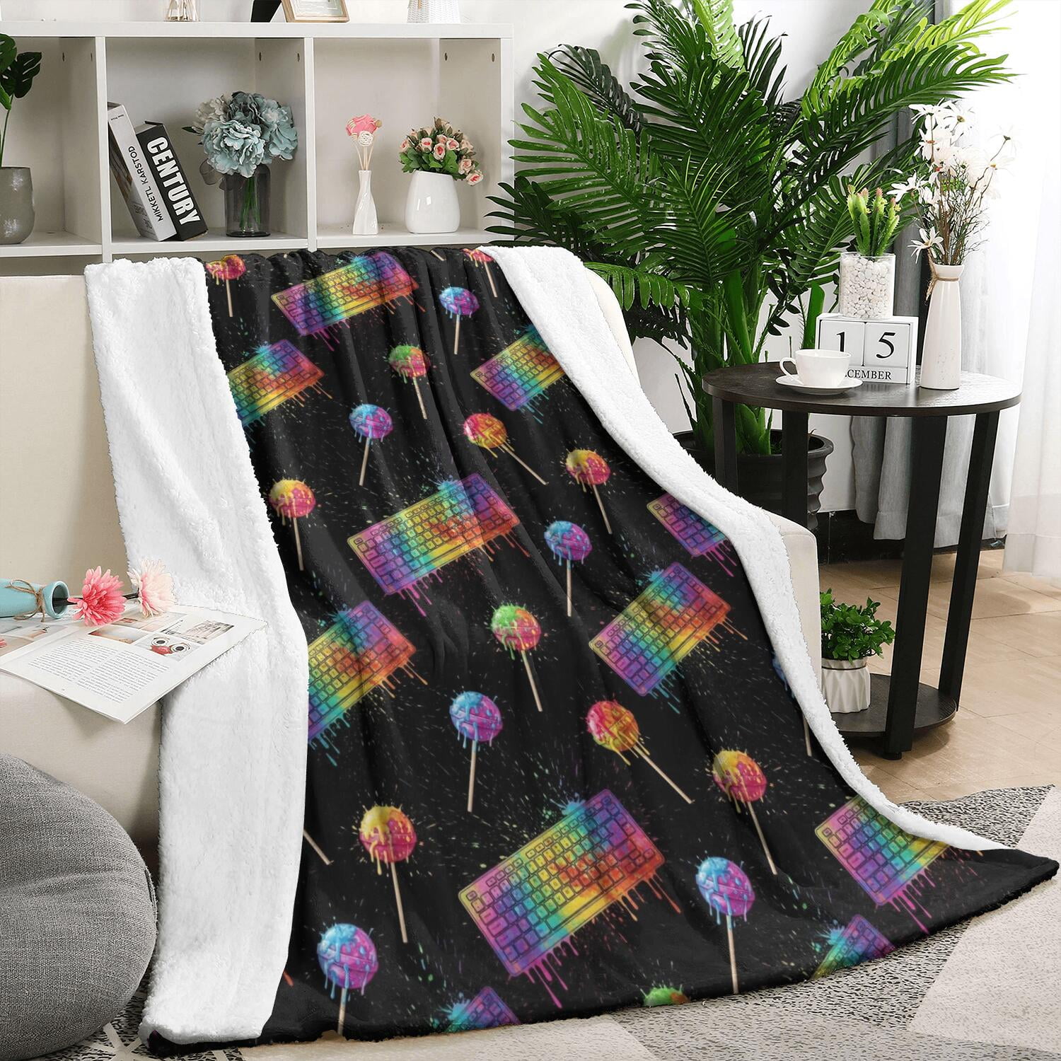 Colorful Keyboards Games Icons Black Pattern Blanket,Comfortable Soft ...