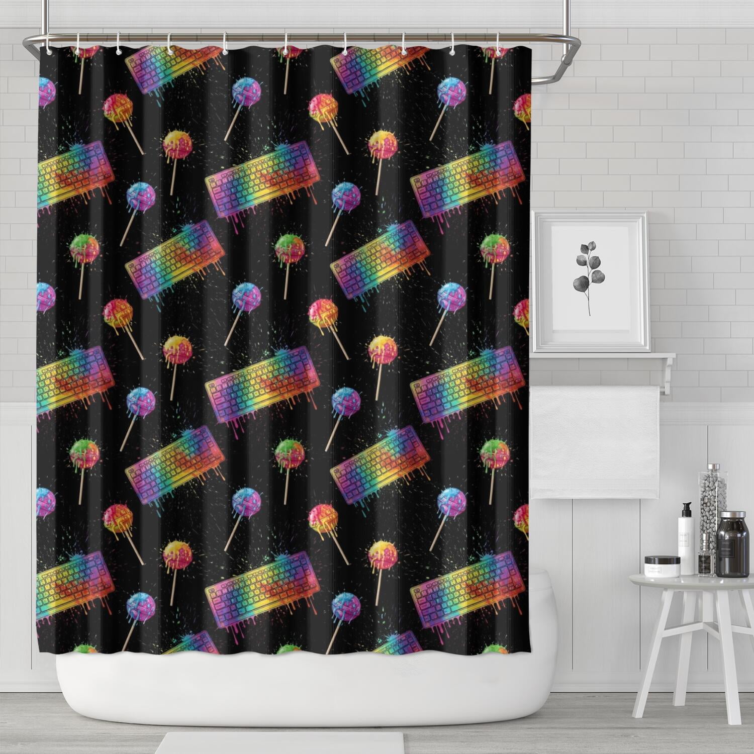 Colorful Keyboards Games Icons Black Pattern Shower Curtain 72"x84 ...