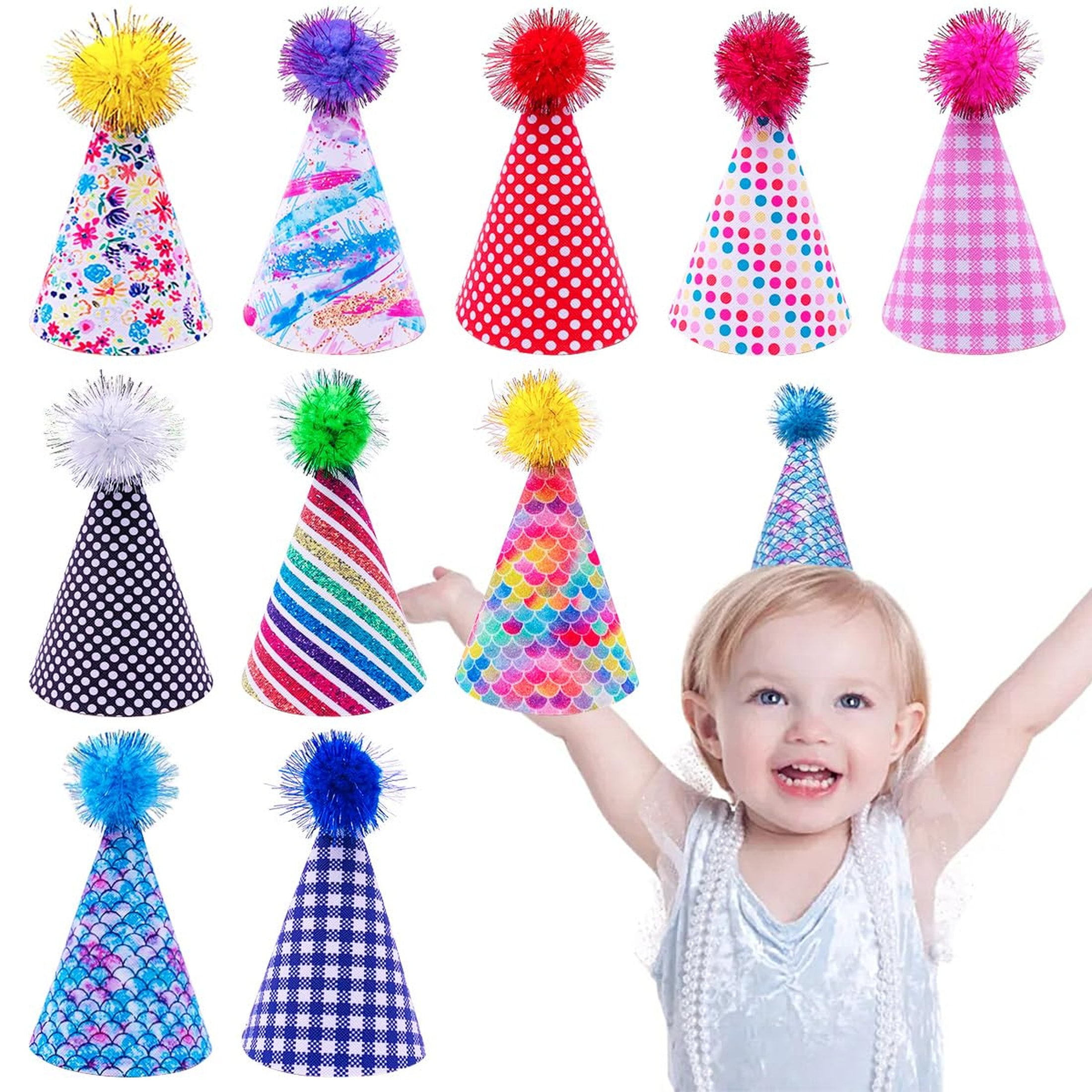 Colorful Kids Birthday Hat Set - 10 Reusable Cone Hats with Pom Poms ...