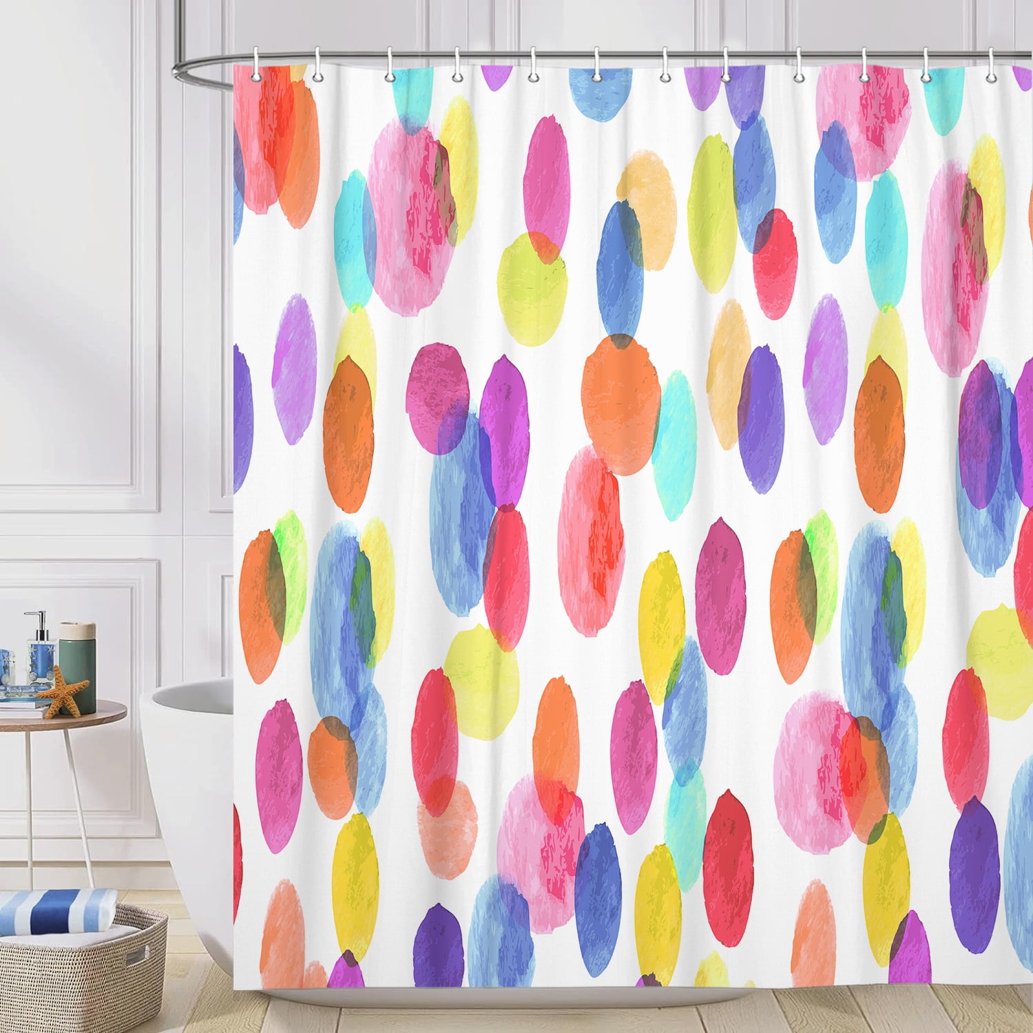Colorful Kids Shower Curtain, Rainbow Watercolor Polka Dot Fabric ...