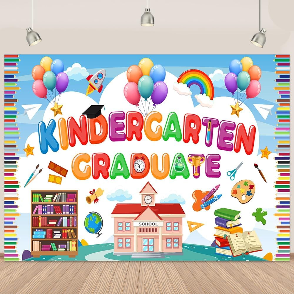Colorful Kindergarten Graduation Backdrop for Kid Blue White ...