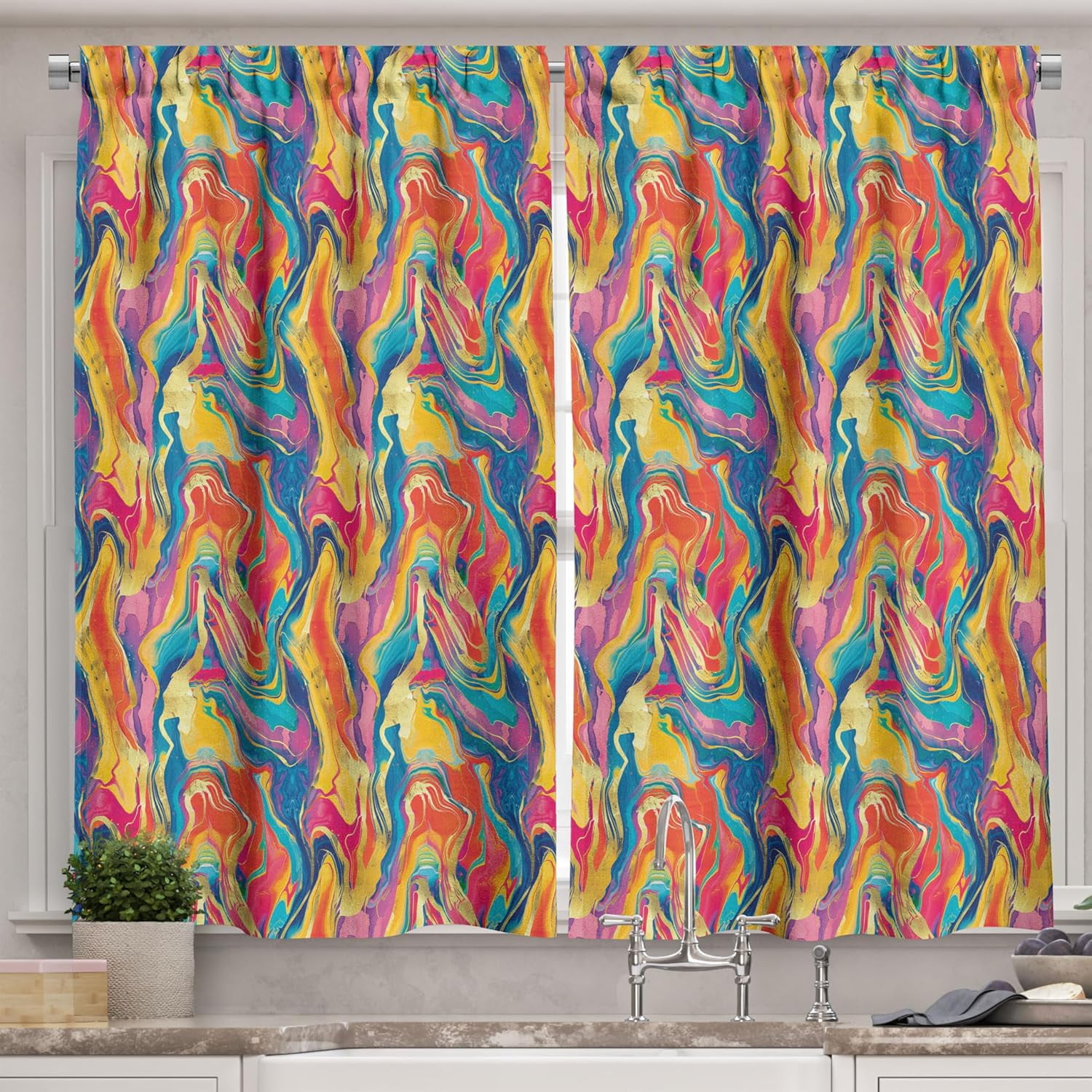 Colorful Kitchen Curtains, Modern Abstract Drip Paint Artwork Bold ...