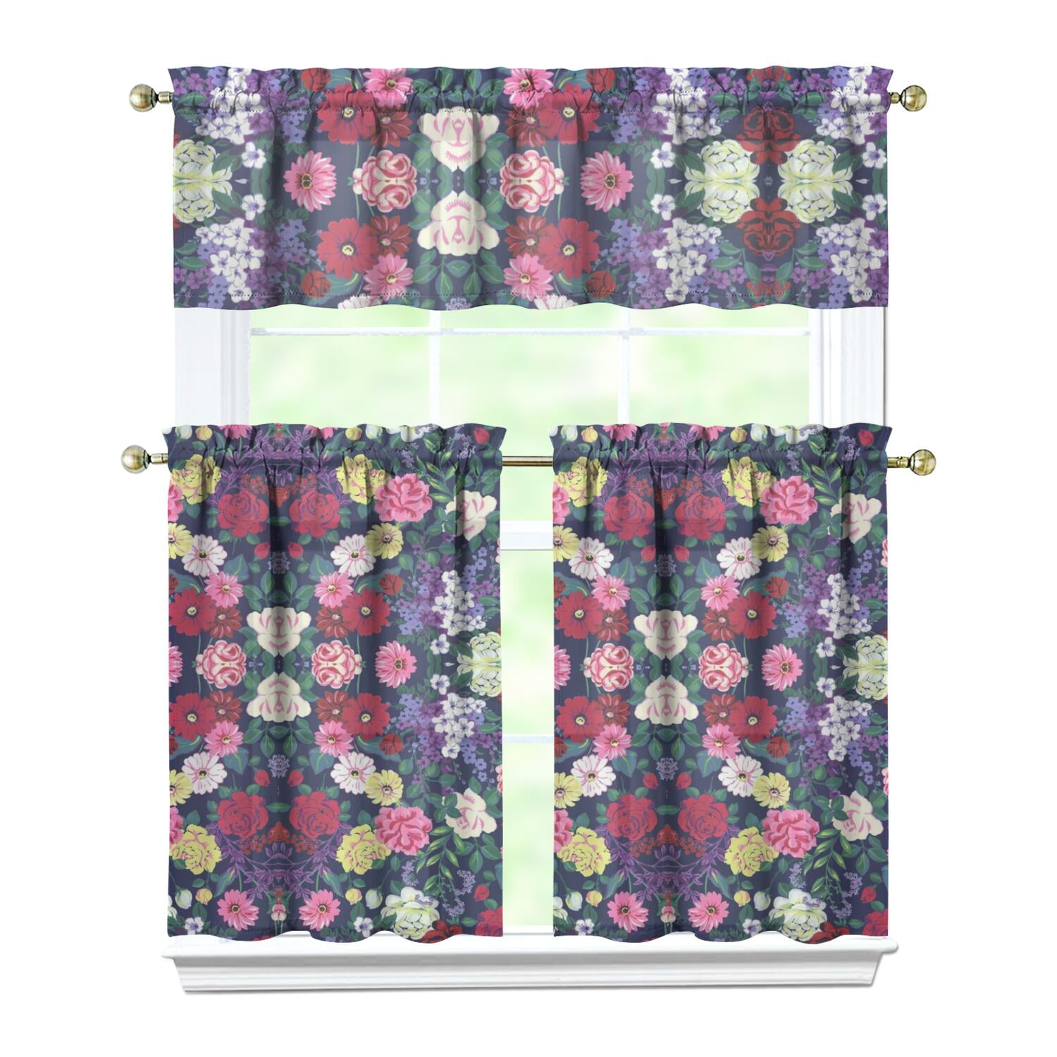 Colorful Kitchen Curtains Set Tier and Valance, Vintage Botanical Small ...