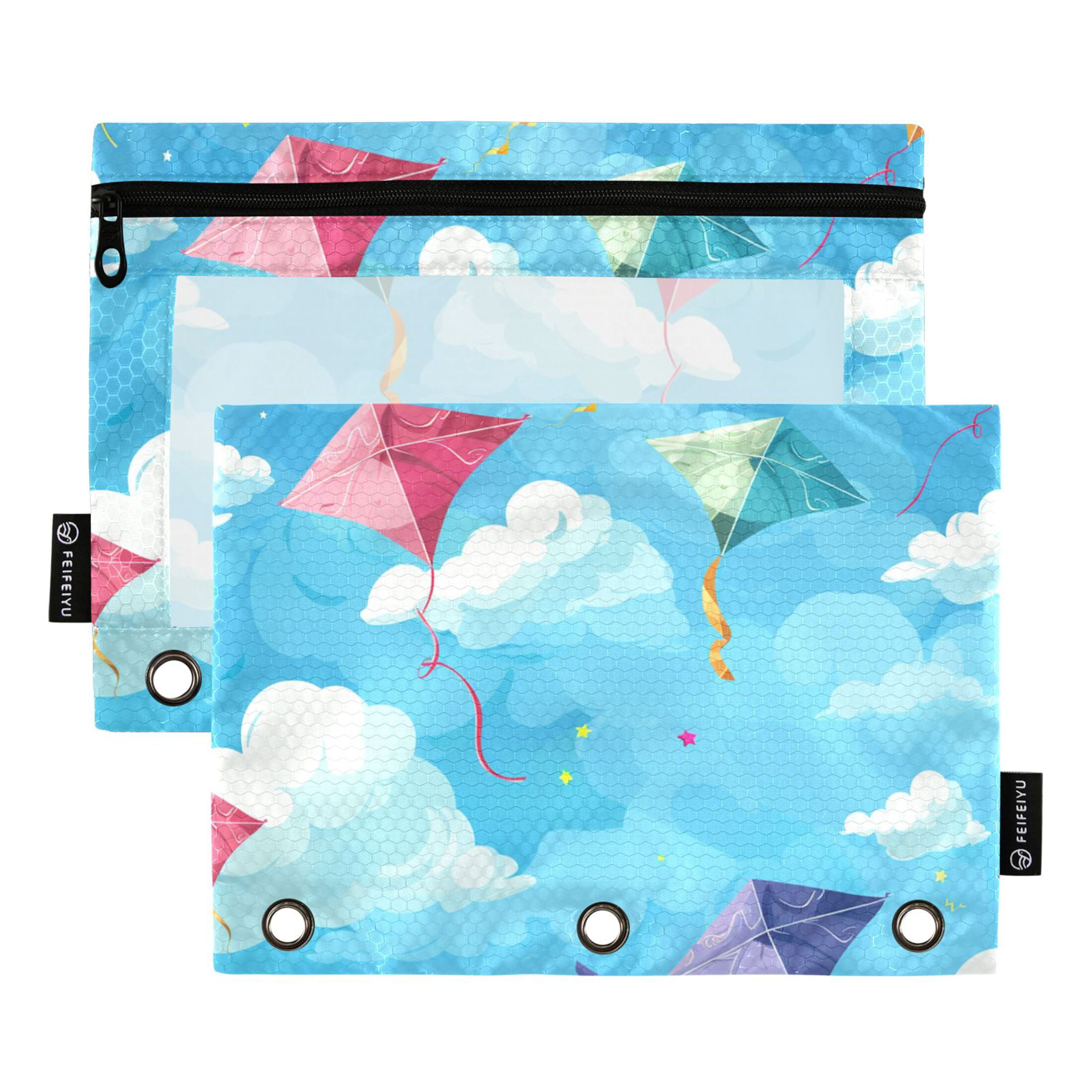 Colorful Kites and Clouds Binder Pouches Zipper Pocket Document Storage ...