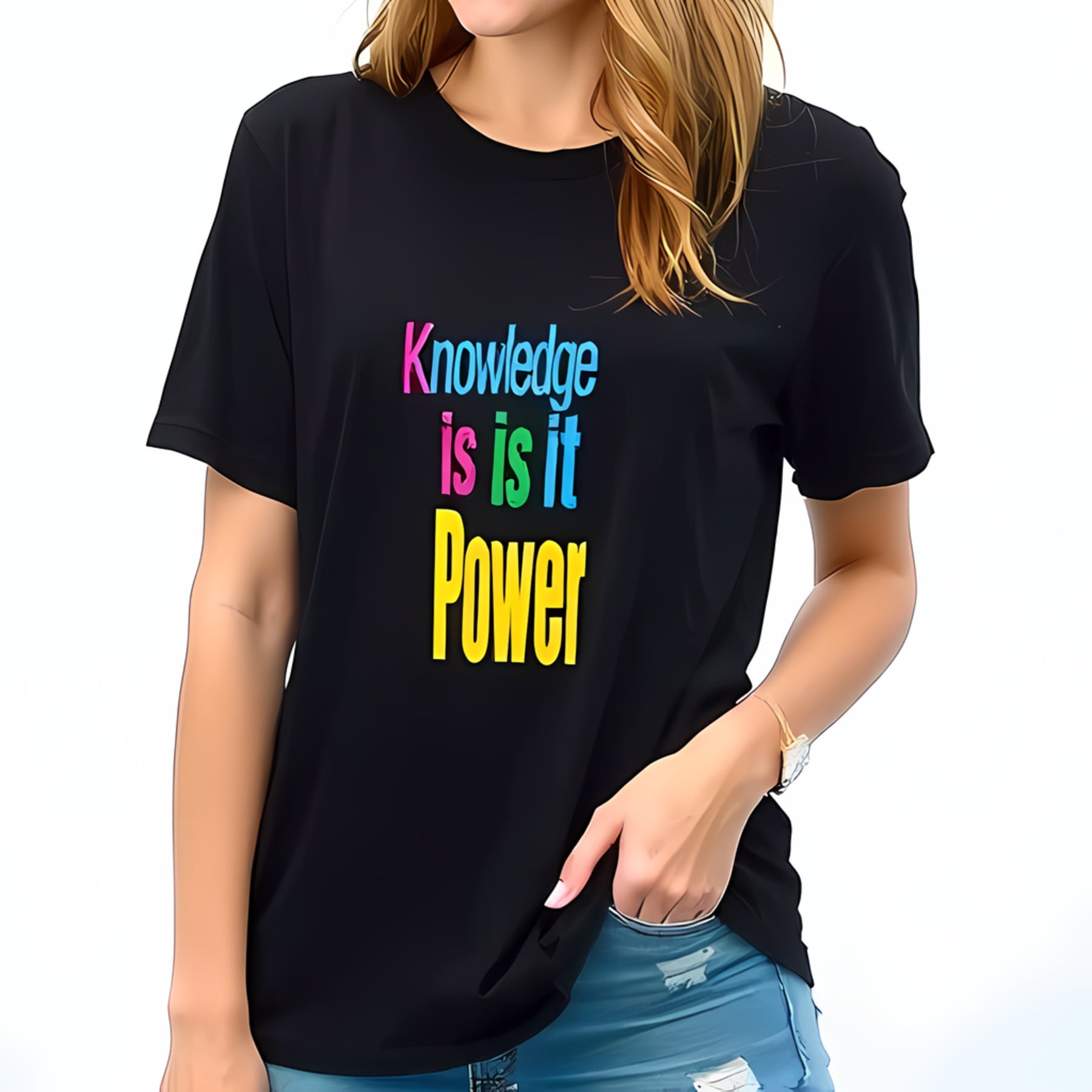 Colorful 'Knowledge is Power' Graphic Cotton Short Sleeve T-Shirt for ...