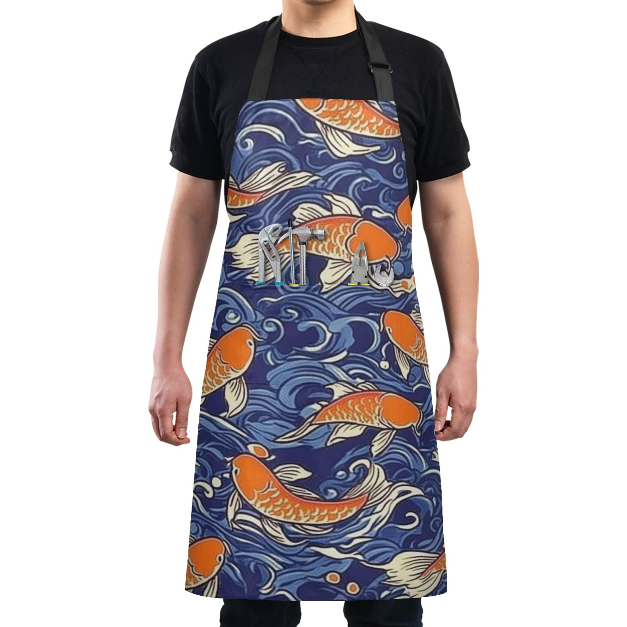 Colorful Koi Fish Chef Kitchen Apron with Pockets for Women Waterproof ...