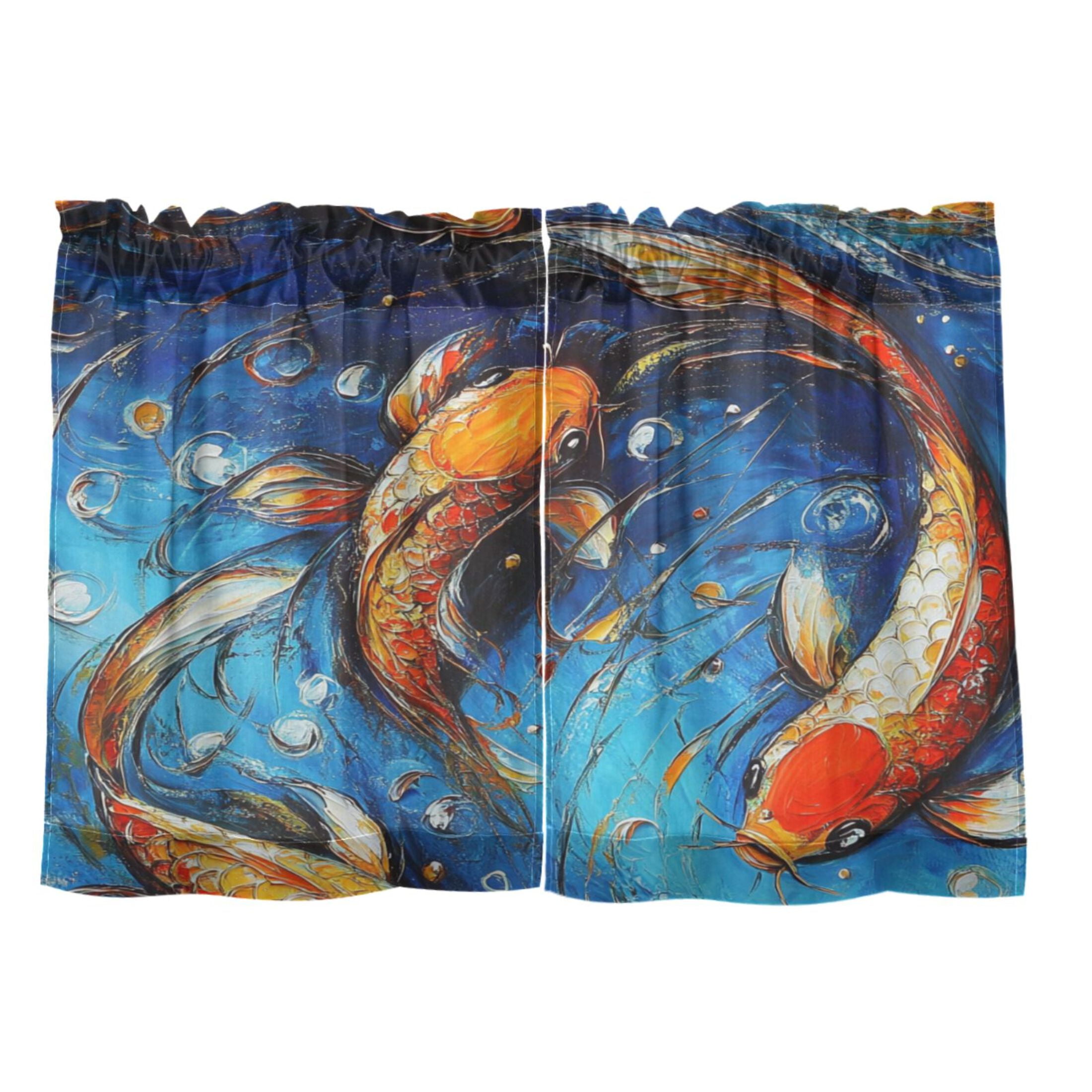 Colorful Koi Fish in Water 27"x24" Linen Look Cafe Curtain Set with ...