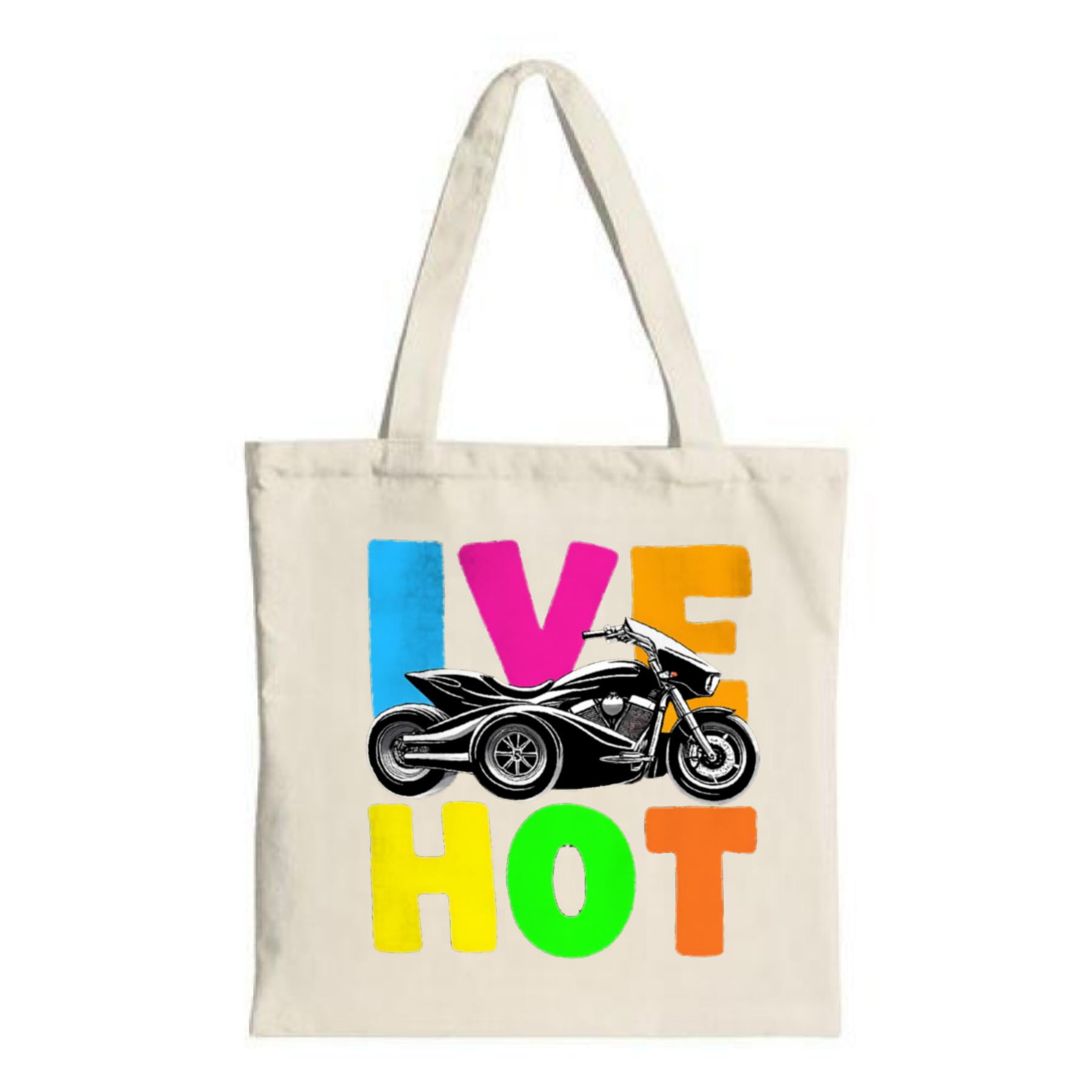 Colorful ' LIVE HOT ' Tote Bag with Motorcycle Illustration - Stylish ...