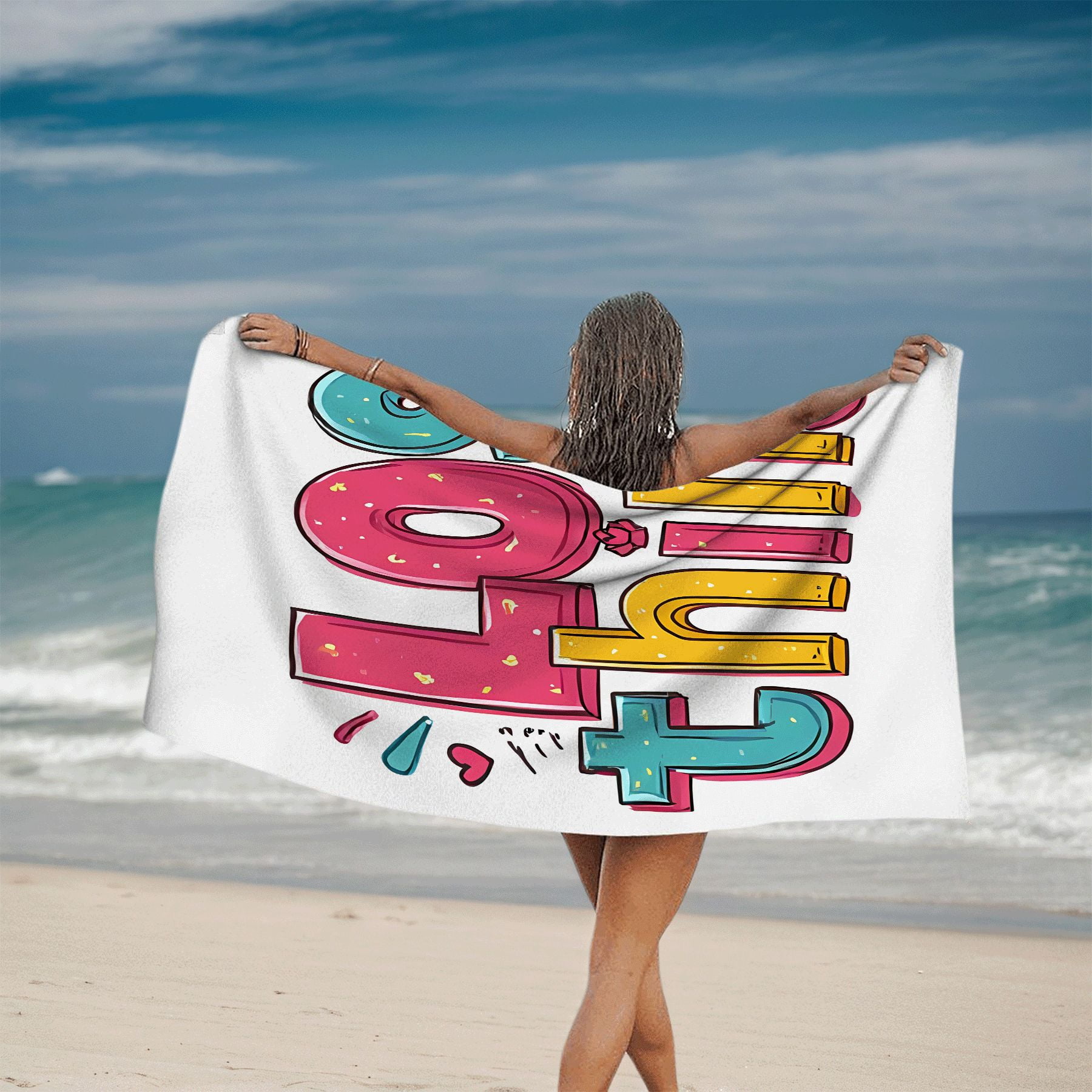 Colorful ' LOS THING ' Bath Towel - Vibrant Pink Teal & Yellow Design ...