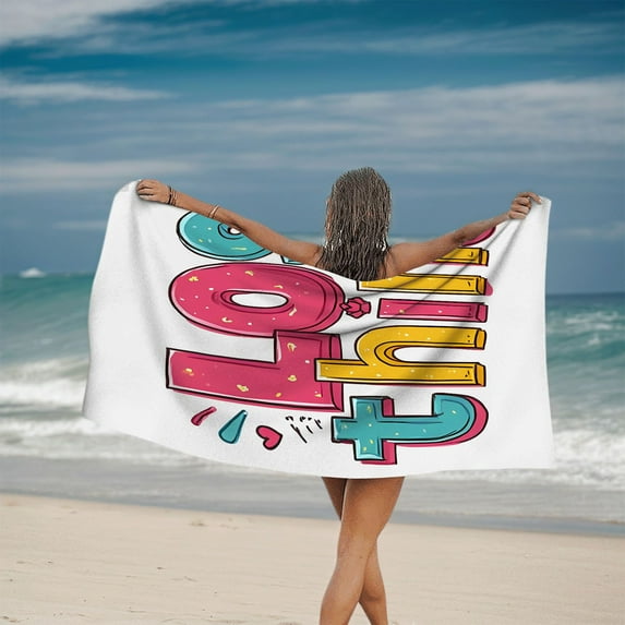 Colorful ' LOS THING ' Bath Towel - Vibrant Pink Teal & Yellow Design ...