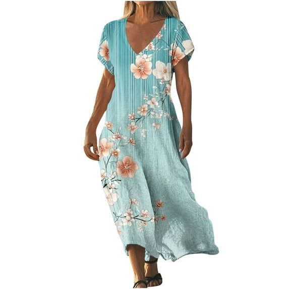Colorful Ladies Maxi Long Graphic Dresses for Juniors Short Sleeve V ...