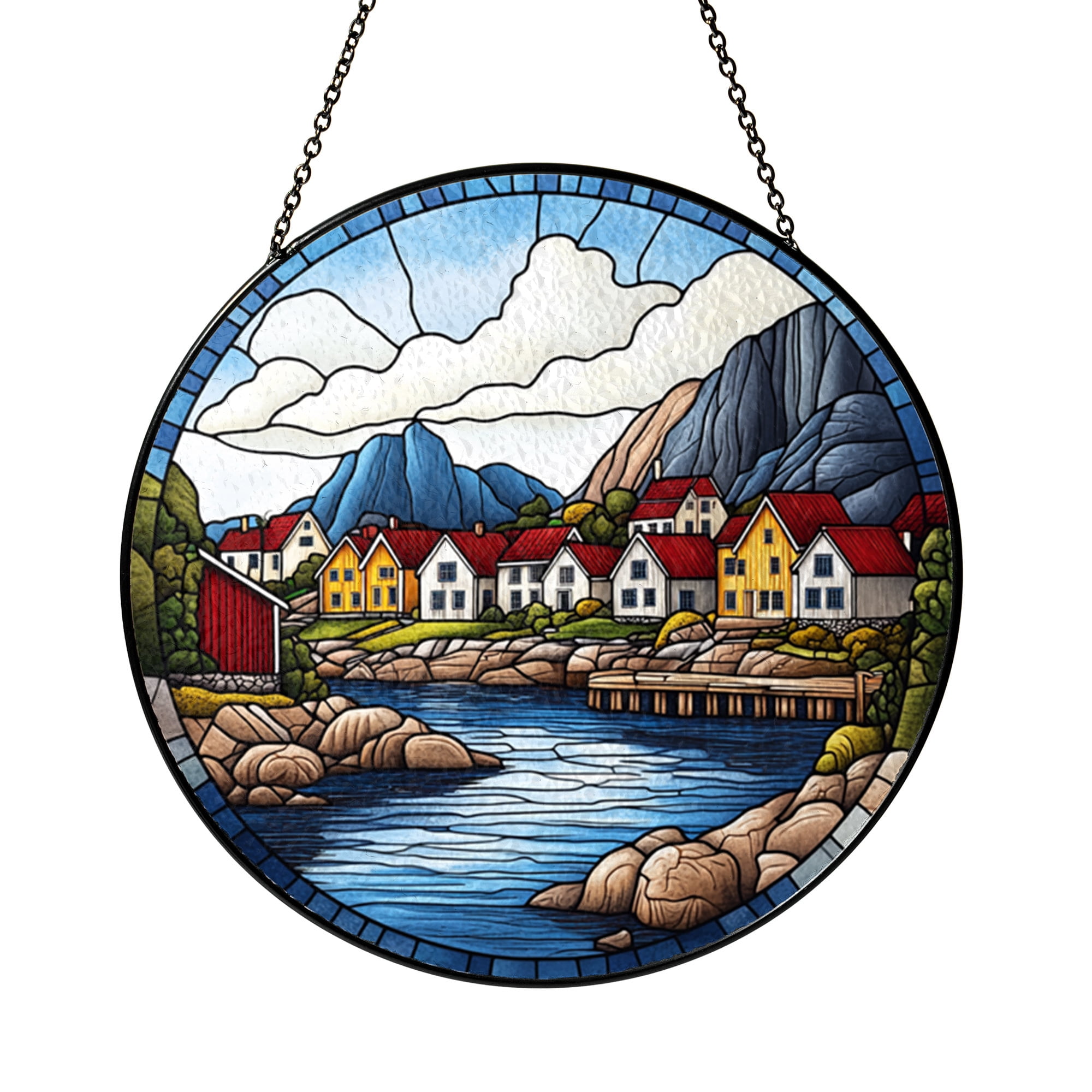 Colorful Lakeside Village Stained Glass Style Suncatcher – Window Decor ...