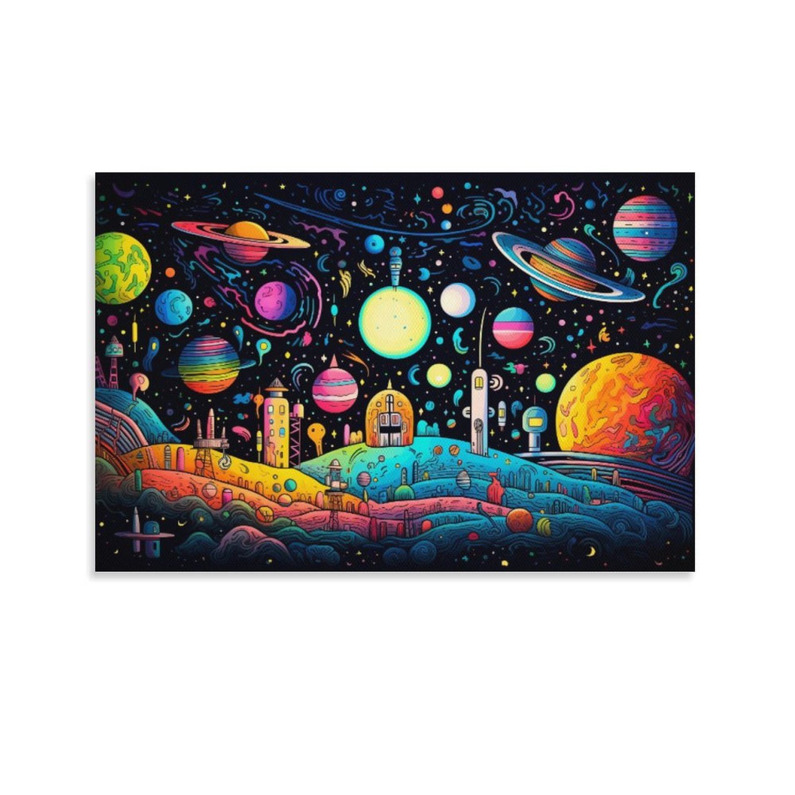 Colorful Landscape With Planets Structures And Spacecraft Poster ...