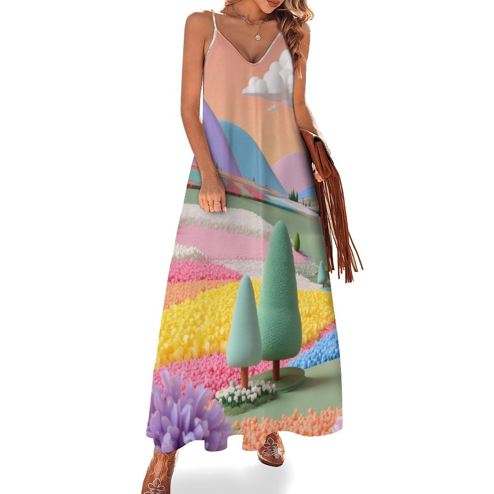 Colorful Landscape with Trees And Flowers Sleeveless Dress Women's ...