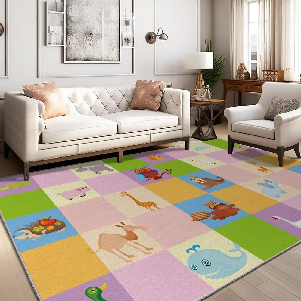Colorful Lattice Area Rug Cute Jungle Animals Rugs Checkerboard Cartoon ...