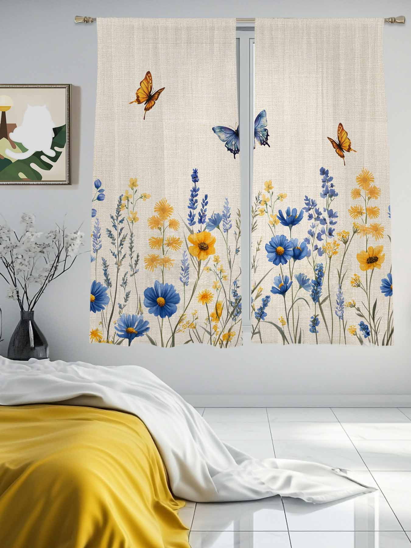 Colorful Lavender Daisy on Linen Sheer Curtains 2 Panels Set Summer ...