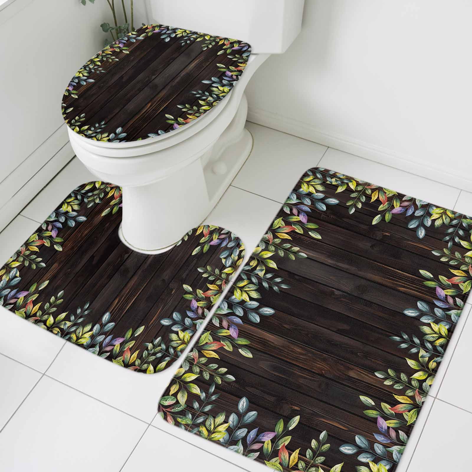 Colorful Leaf Bathroom Rugs Set Wooden Board Watercolor Pastoral Plant ...