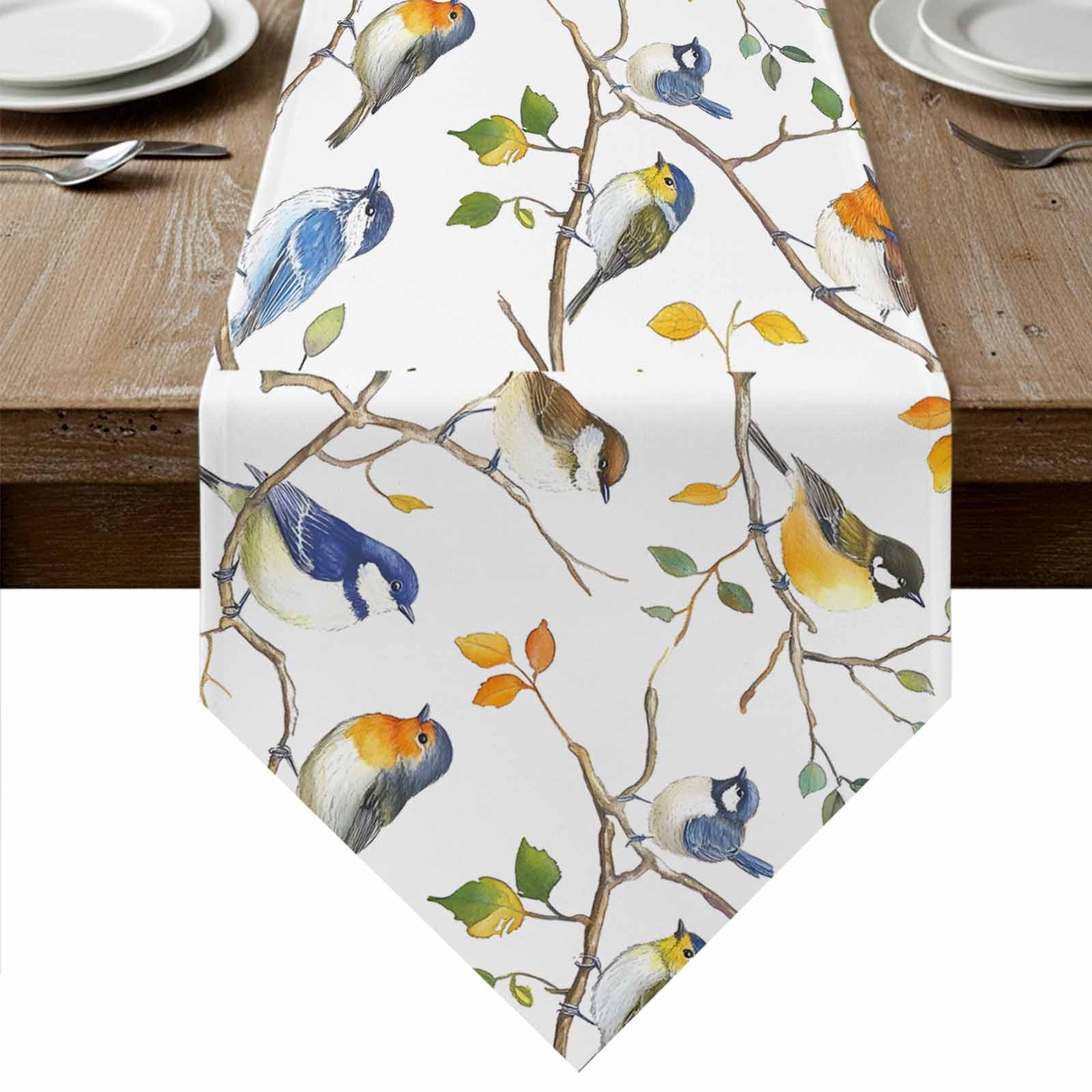 Colorful Leaf Bird Table Runner Linen Burlap Table Runner 72 Inches ...