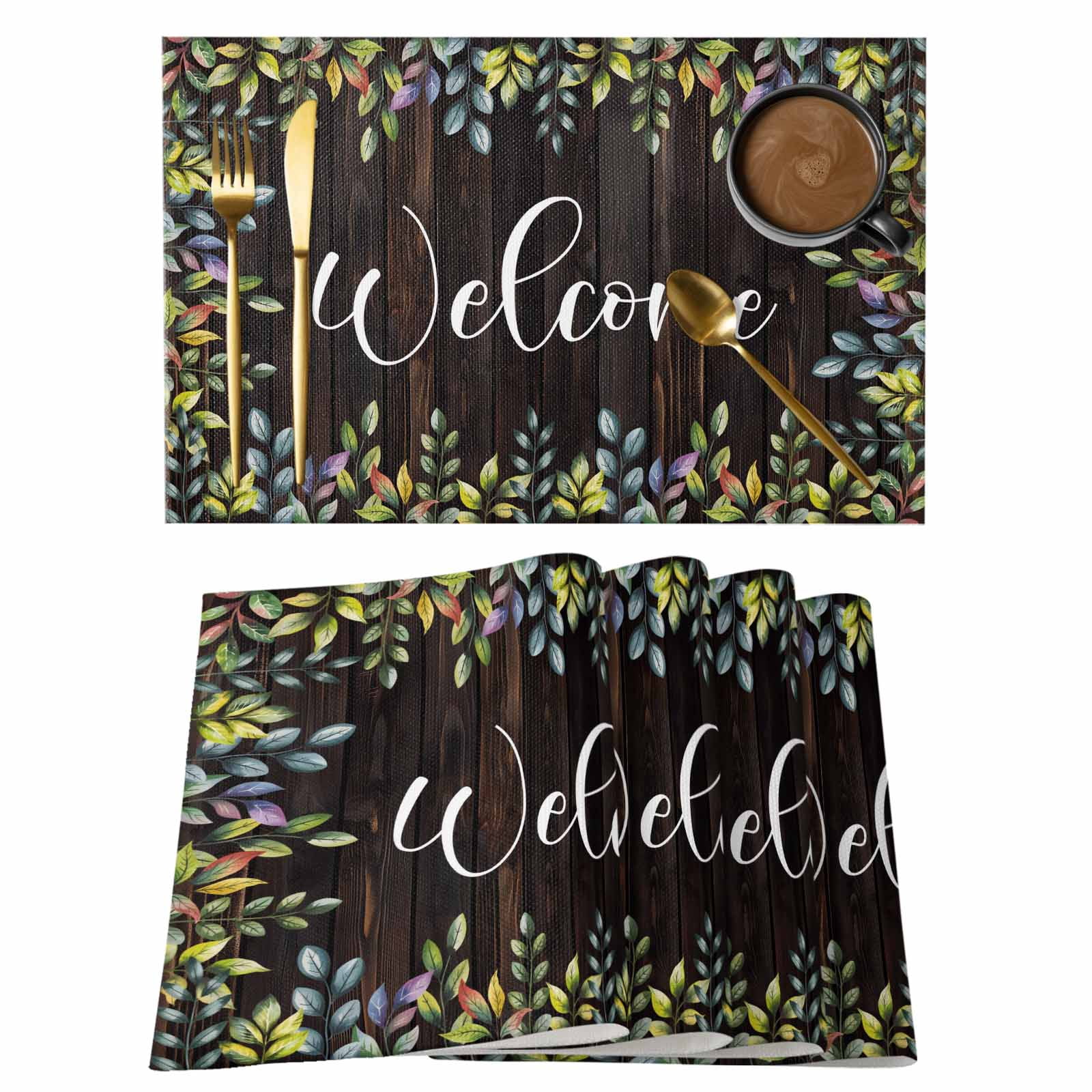 Colorful Leaf Cotton Linen Placemats Set of 8, Welcome Wooden Board ...