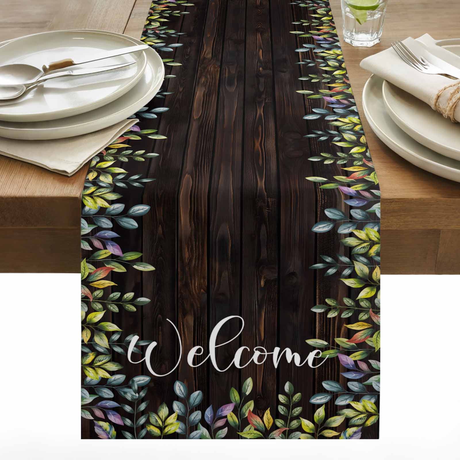 Colorful Leaf Cotton Linen Table Runner Welcome Wooden Board Watercolor ...