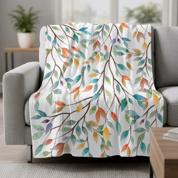 Colorful Leaf Fleece Throw Blanket Spring Watercolor Orange Green Leaf ...
