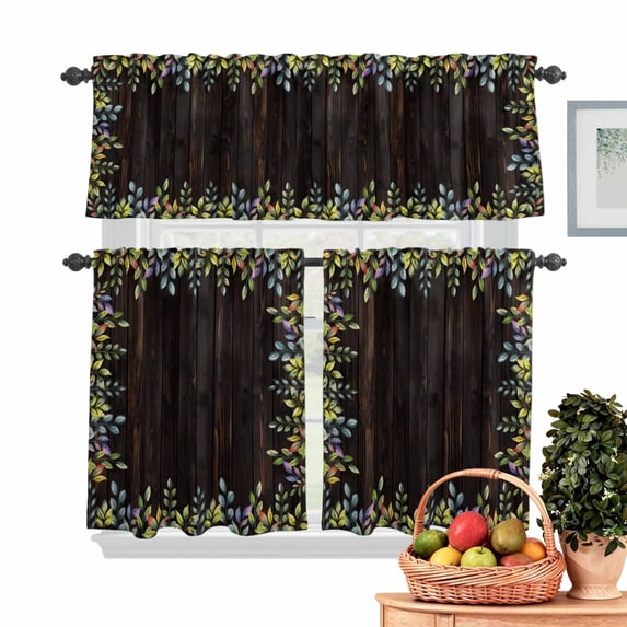 Colorful Leaf Kitchen Curtains Valances 3 Piece Set, Wooden Board ...