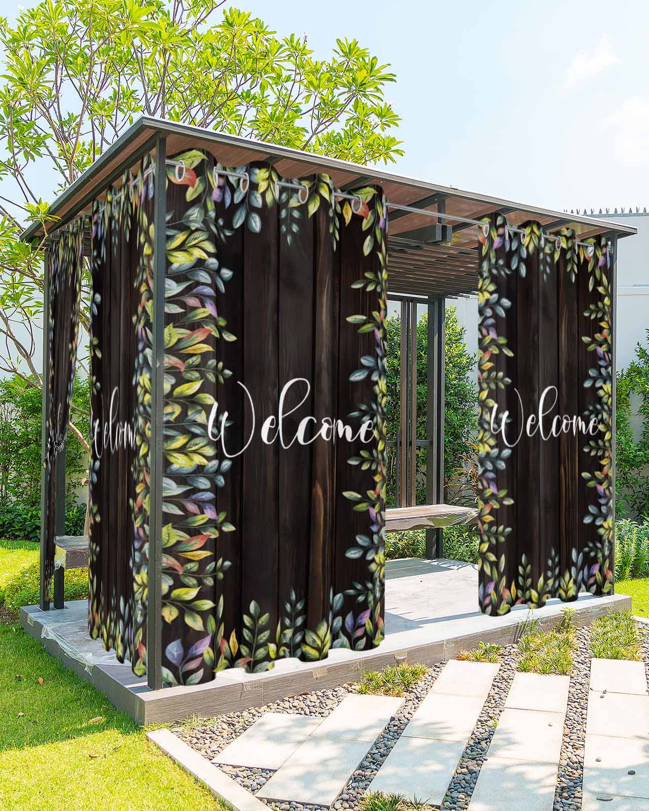 Colorful Leaf Outdoor Curtains for Patio, Welcome Wooden Board ...