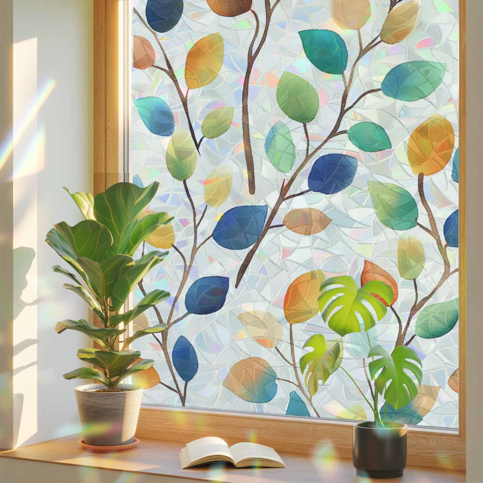 Colorful Leaf Privacy Window Film, Decorative Stained Glass Window Film ...