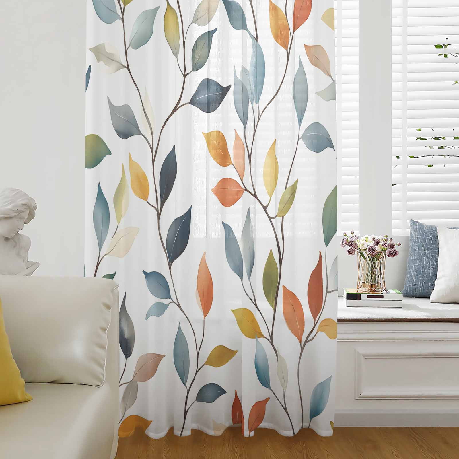 Colorful Leaf Sheer Curtains 45 Inch Length, Light Filtering Voile ...
