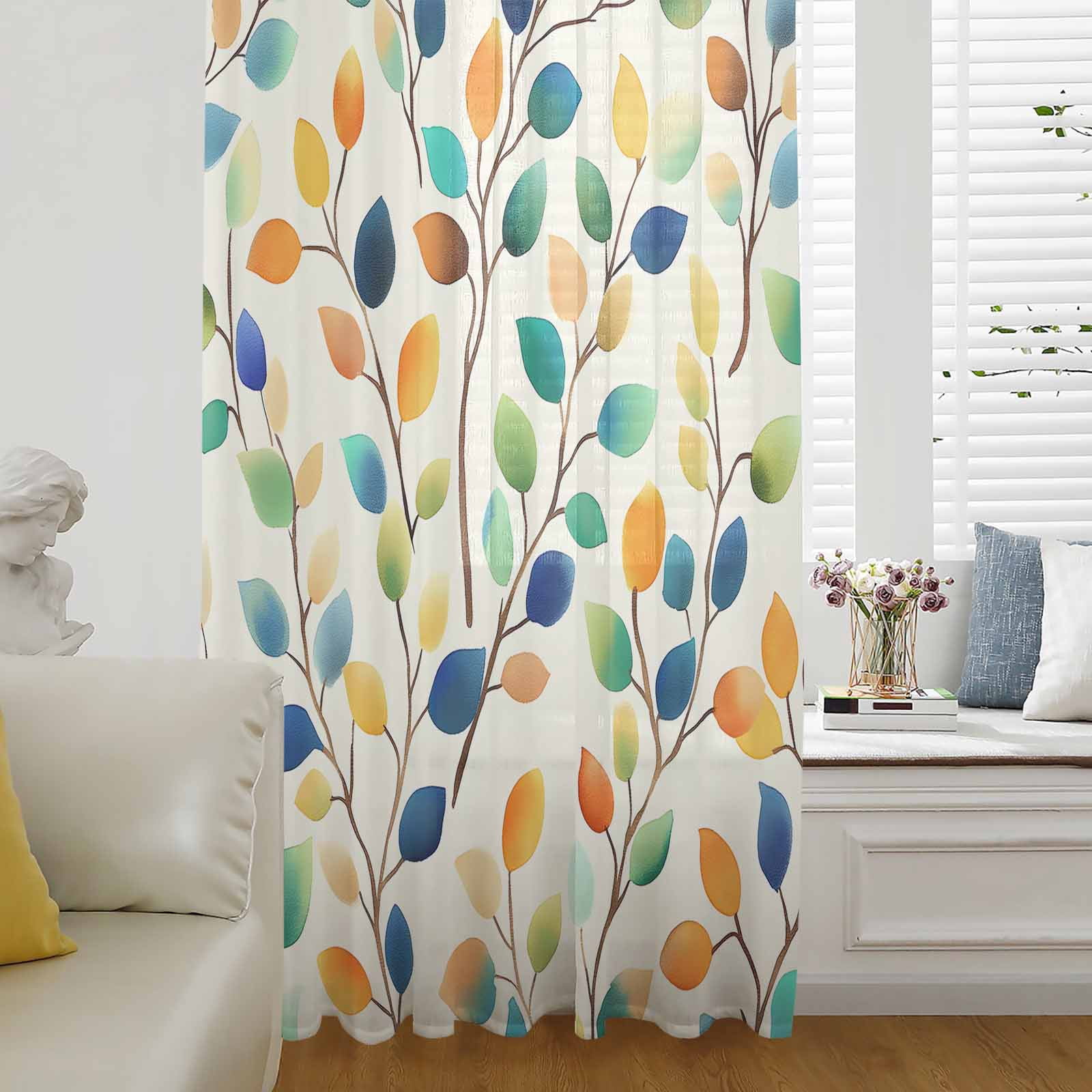 Colorful Leaf Sheer Curtains 63 Inch Length, Light Filtering Voile ...