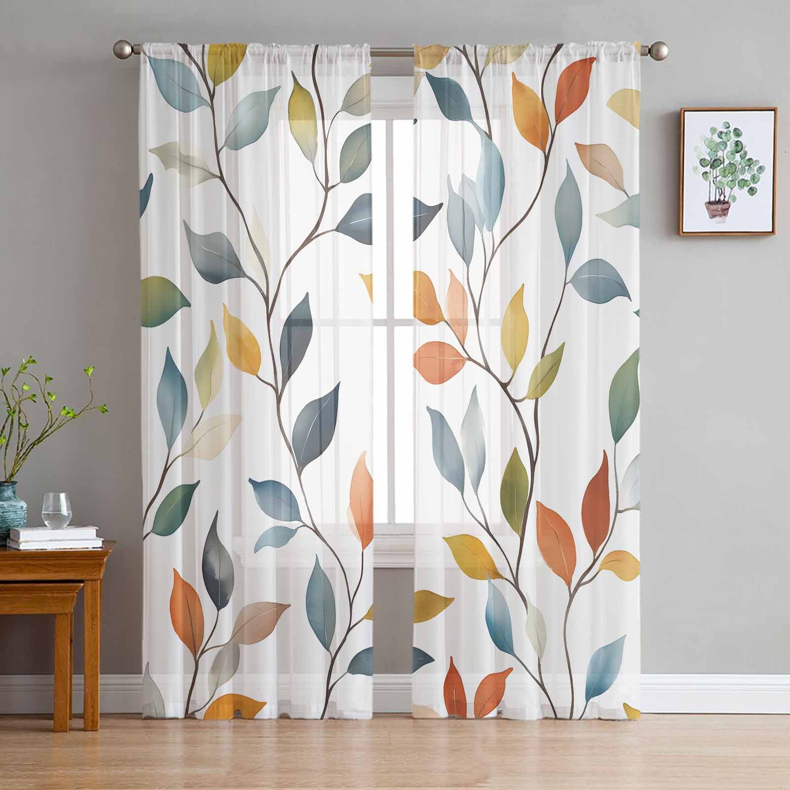Colorful Leaf Sheer Curtains 84 Inch Length 2 Panels Set for Living ...