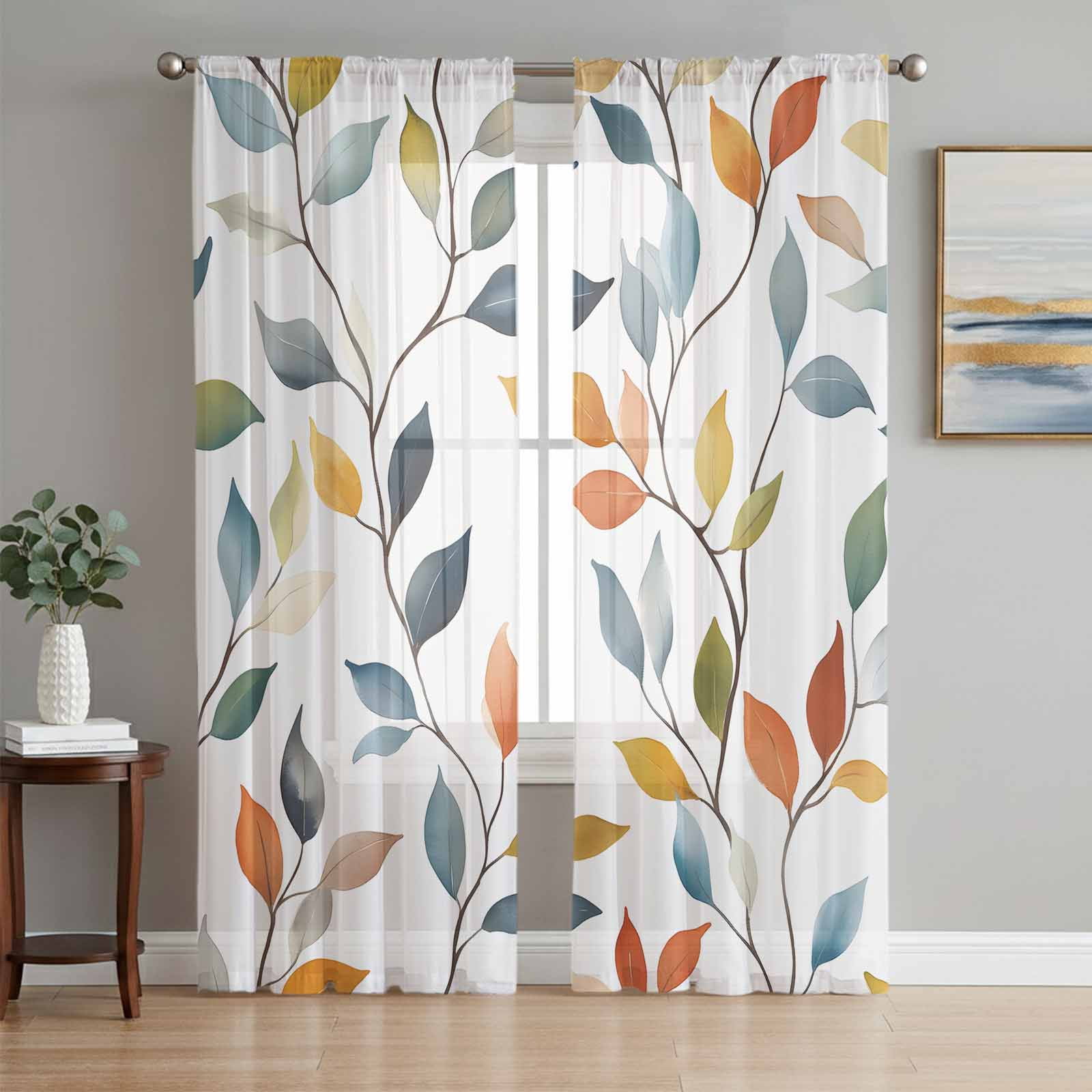 Colorful Leaf Sheer Curtains 96 Inch Length 2 Panels Set, Pastoral ...