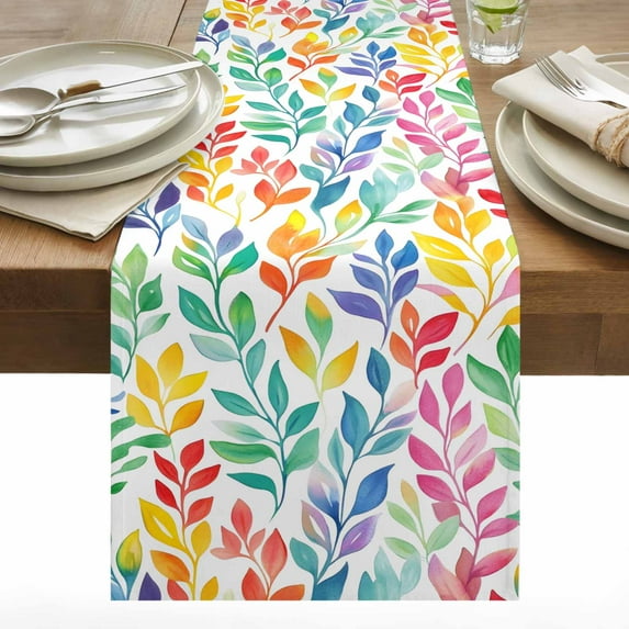 Colorful Leaf Table Runner 13x90 inch Spring Watercolor Leaf Cotton ...