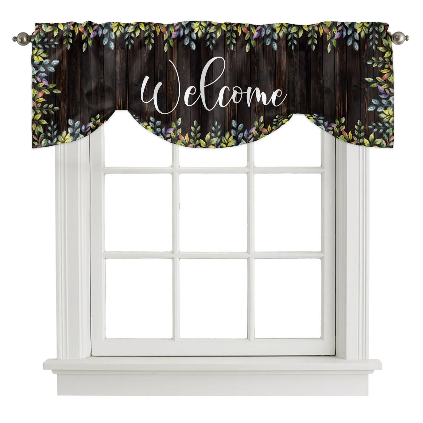 Colorful Leaf Tie Up Valance Curtains Welcome Wooden Board Watercolor ...