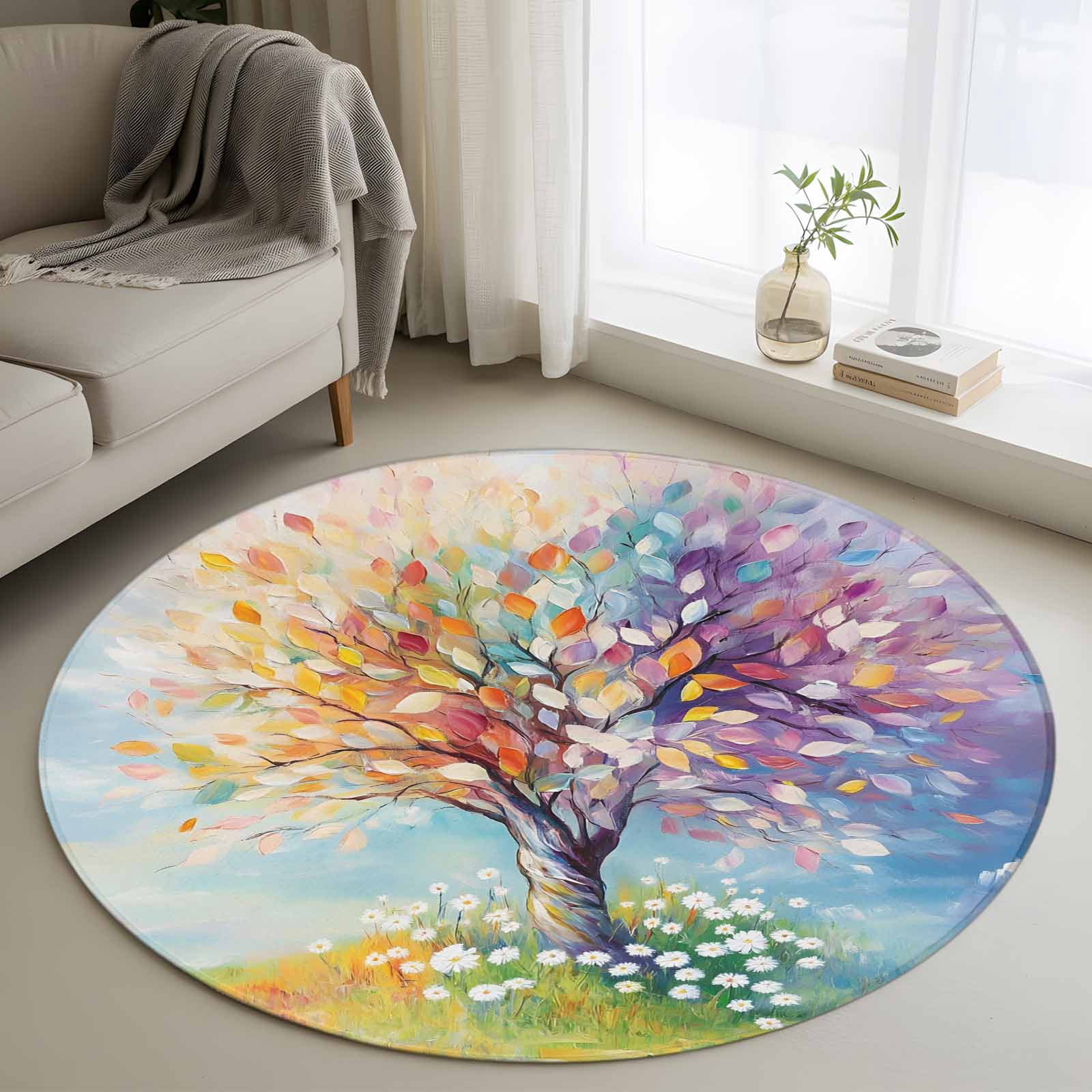 Colorful Leaf Tree 3' Round Rug for Bathroom Accent Bedside Corner ...