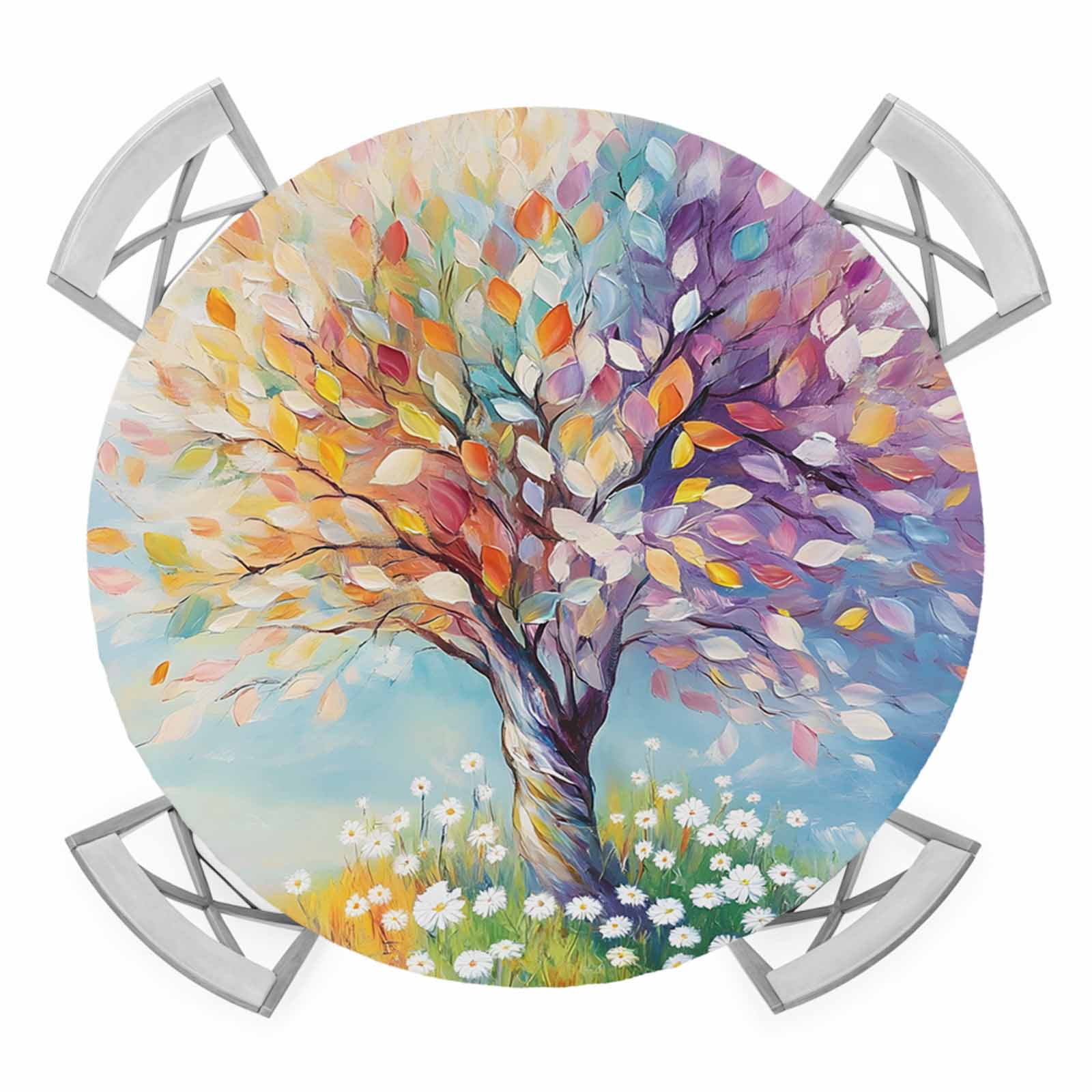 Colorful Leaf Tree Round Table Cover, White Daisy Flower Gradient ...