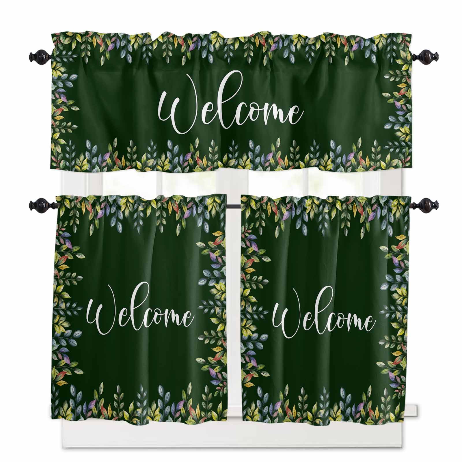 Colorful Leaf Window Curtains Valance Set of 3 Welcome Watercolor ...