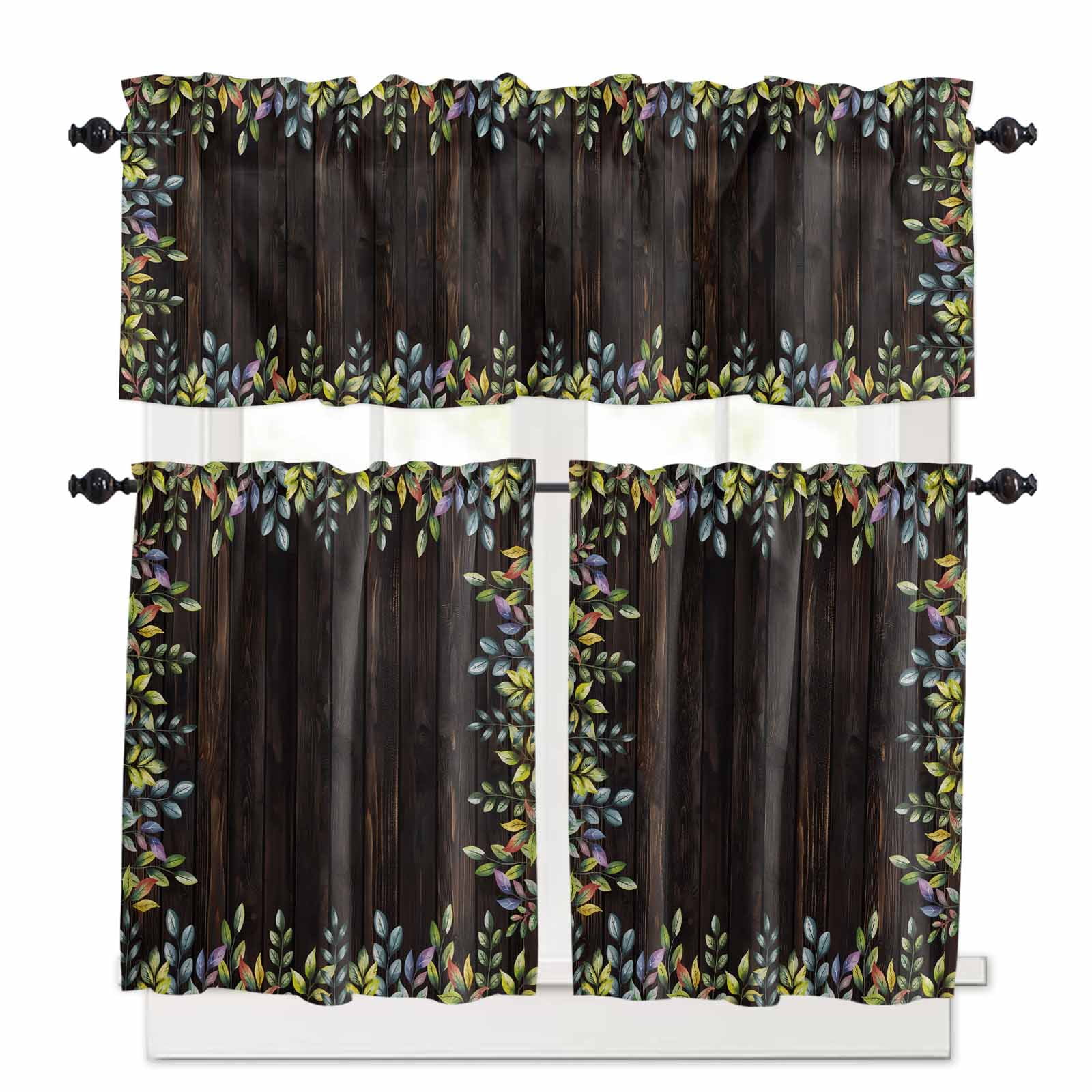 Colorful Leaf Window Curtains Valance Set of 3 Wooden Board Watercolor ...