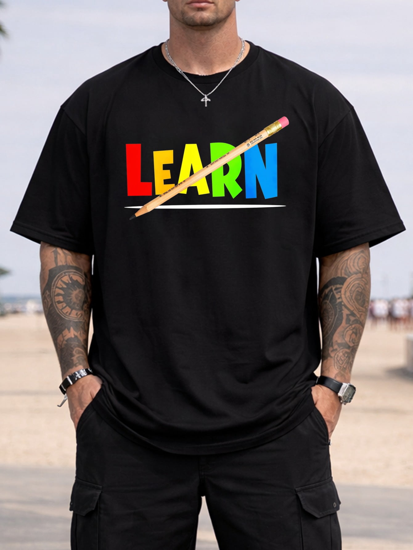 Colorful Learn Text with Pencil Design Men's Crewneck T-Shirt Loose Fit ...