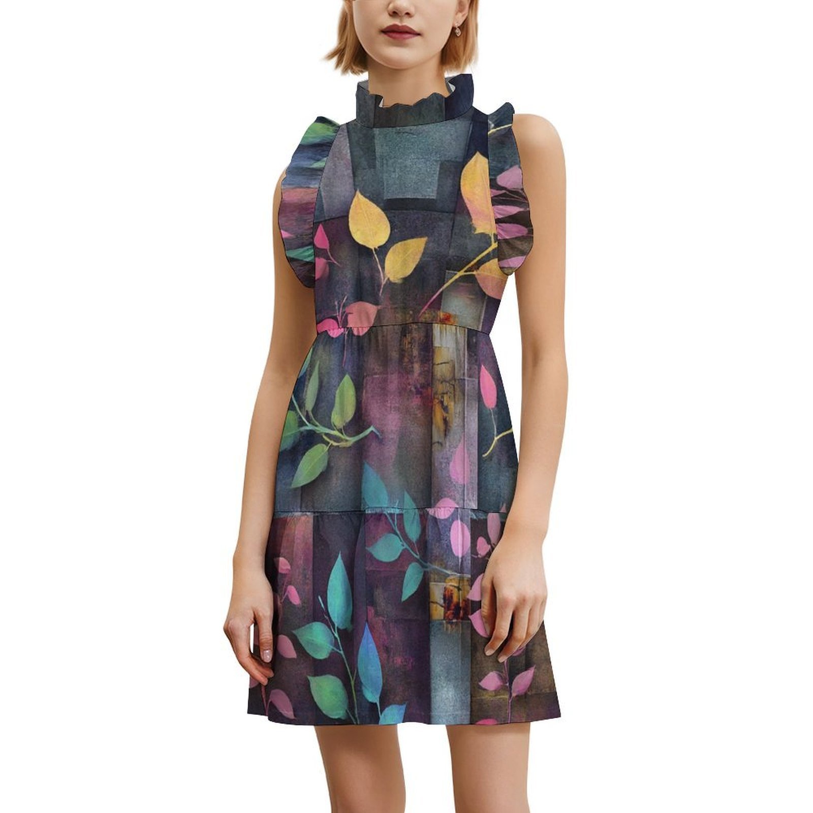 Colorful Leaves Abstract Art Women's Fashion Casual Dress Summer Stand ...