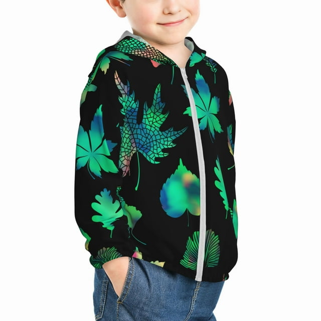 Colorful Leaves Art Pattern Kids Zip-Up Hoodie Girls Boys Sun Protection Jacket Hooded Cooling ...