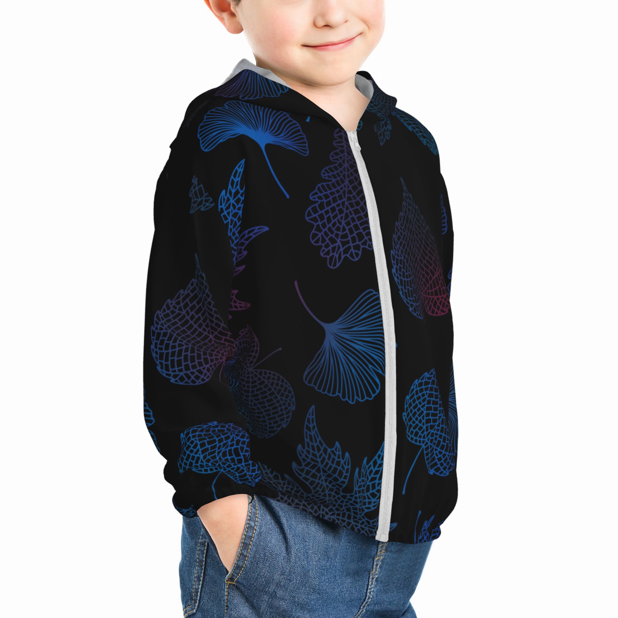 Colorful Leaves Art Pattern Kids Zip-Up Hoodie Girls Boys Sun Protection Jacket Hooded Cooling ...