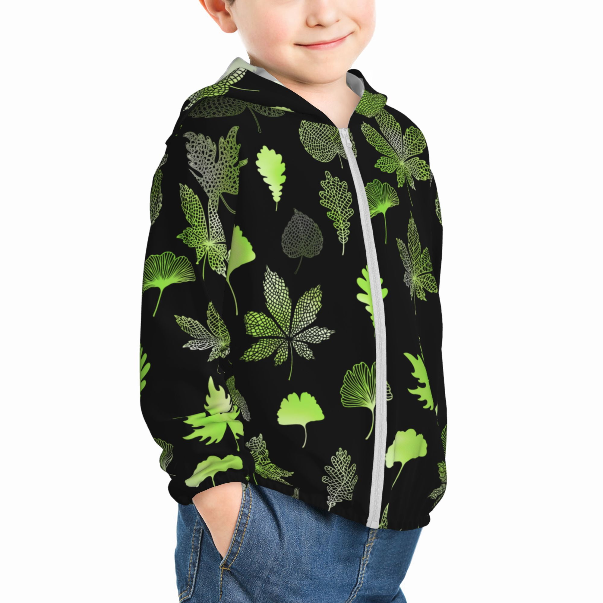 Colorful Leaves Art Pattern Kids Zip-Up Hoodie Girls Boys Sun Protection Jacket Hooded Cooling ...