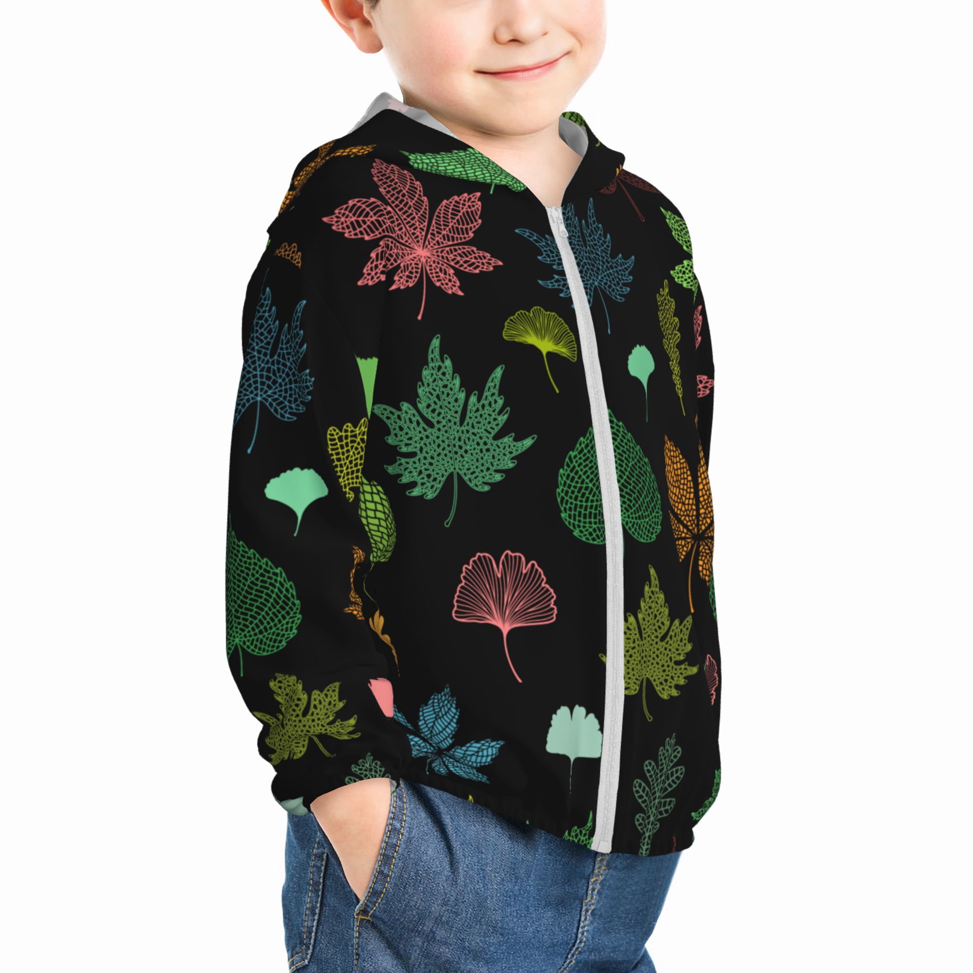 Colorful Leaves Art Pattern Kids Zip-Up Hoodie Girls Boys Sun Protection Jacket Hooded Cooling ...