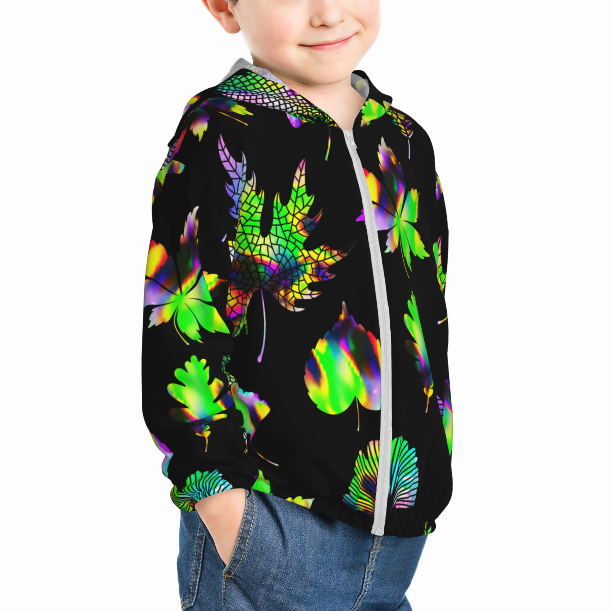 Colorful Leaves Art Pattern Kids Zip-Up Hoodie Girls Boys Sun Protection Jacket Hooded Cooling ...