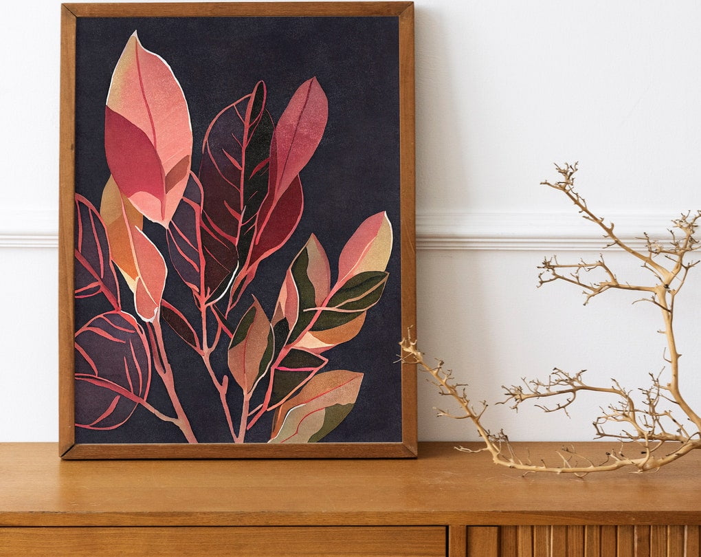 Colorful Leaves Art Print On Black Background, Tree Branch Art ...